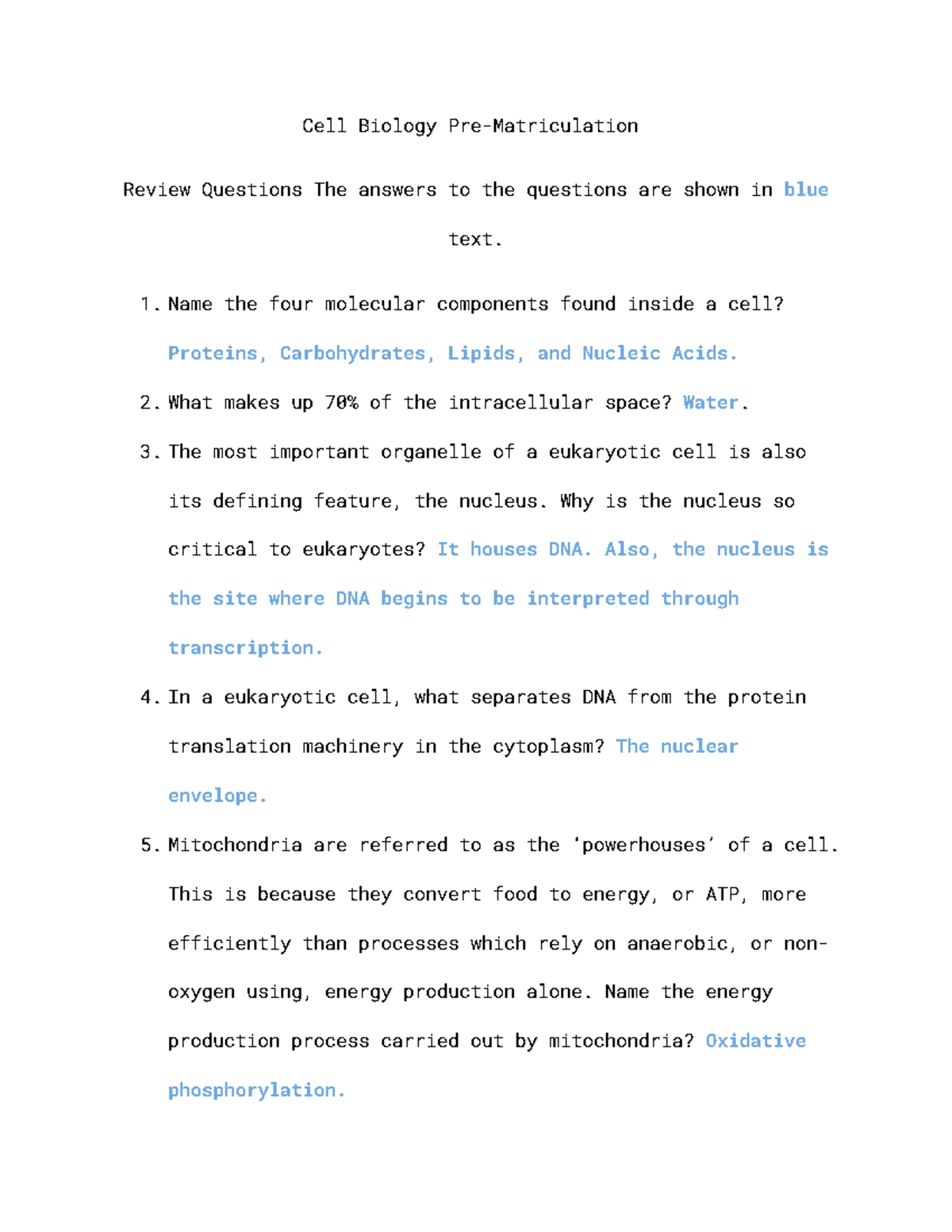 Cell Biology Pre-Matriculation - Cell Biology Pre-Matriculation Review ...