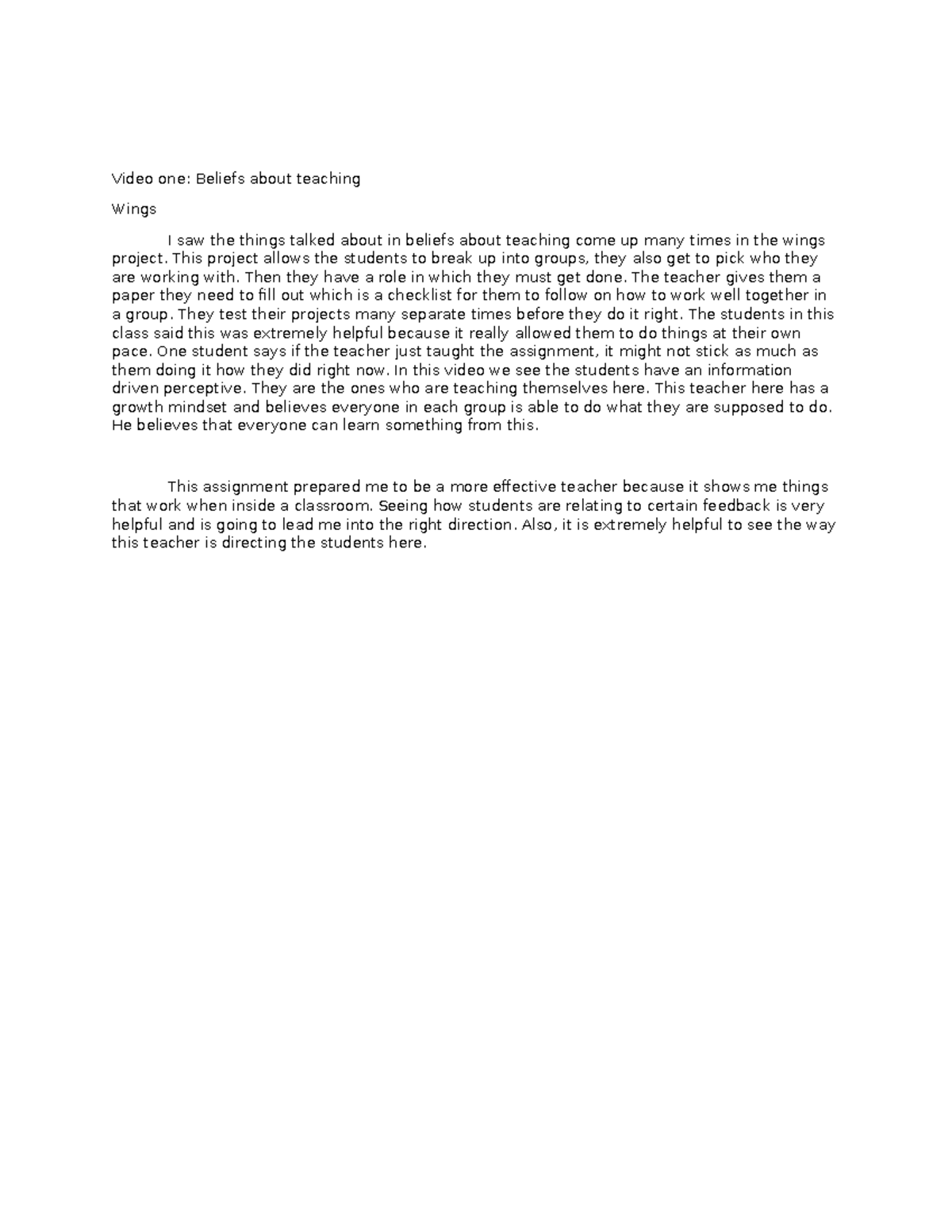 Education 211 wings project - Video one: Beliefs about teaching Wings I ...