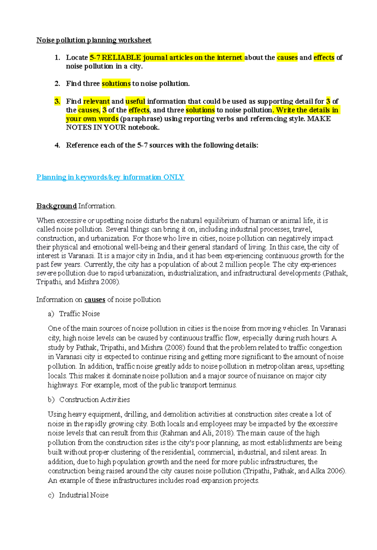 Noise pollution plan- worksheet - Noise pollution planning worksheet ...
