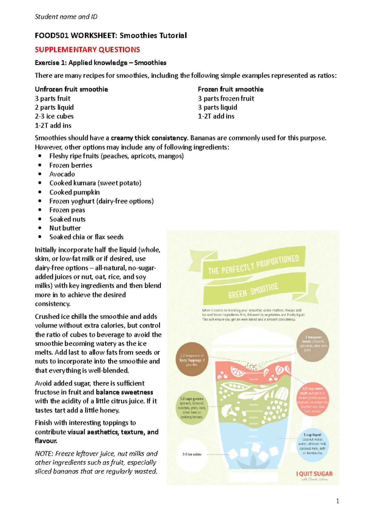 FOOD501 Smoothies Tutorial Worksheet 11 Student'S Supplementary Qs ...