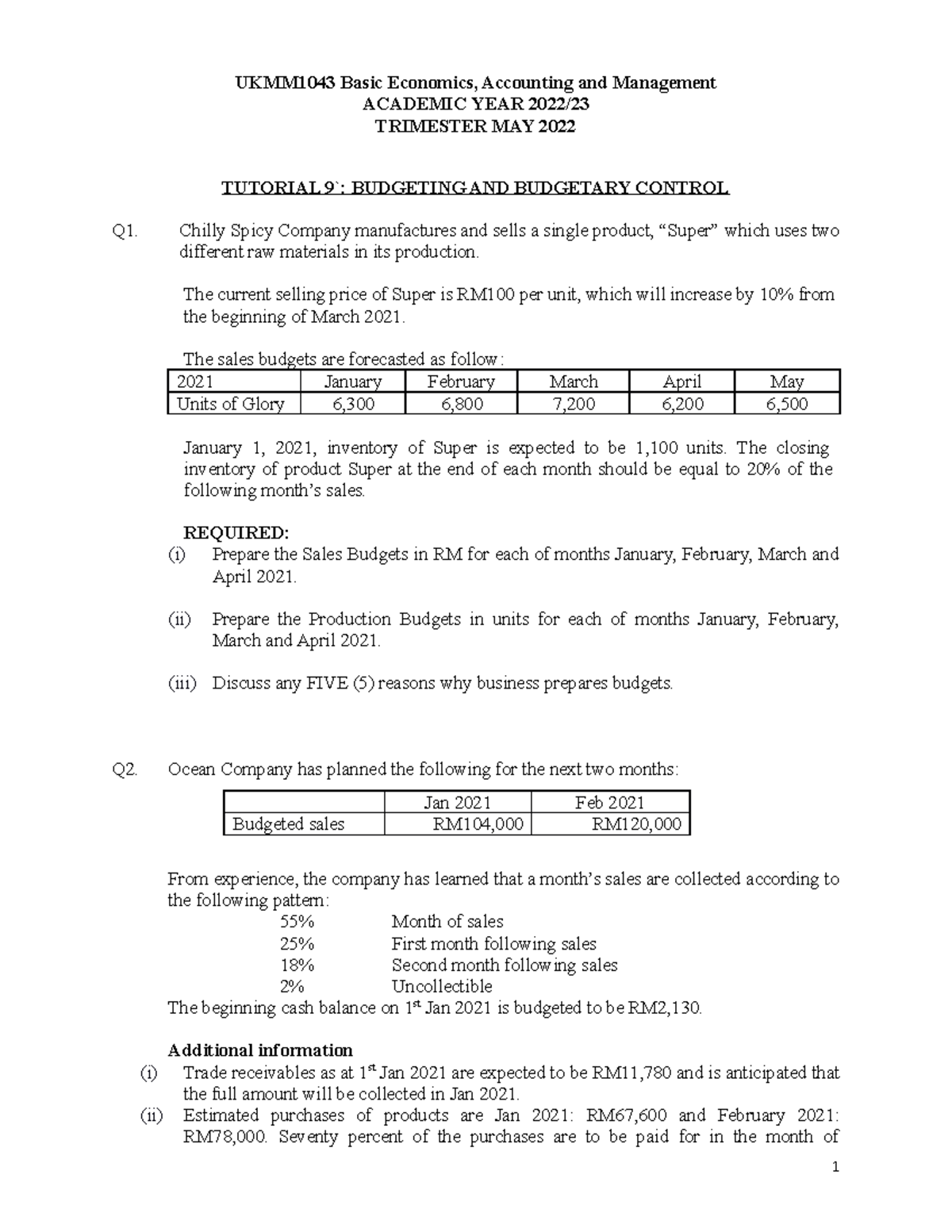 Tutorial 9 -Budgeting and Budgetary Control Questions - UKMM1043 Basic Economics, Accounting and ...