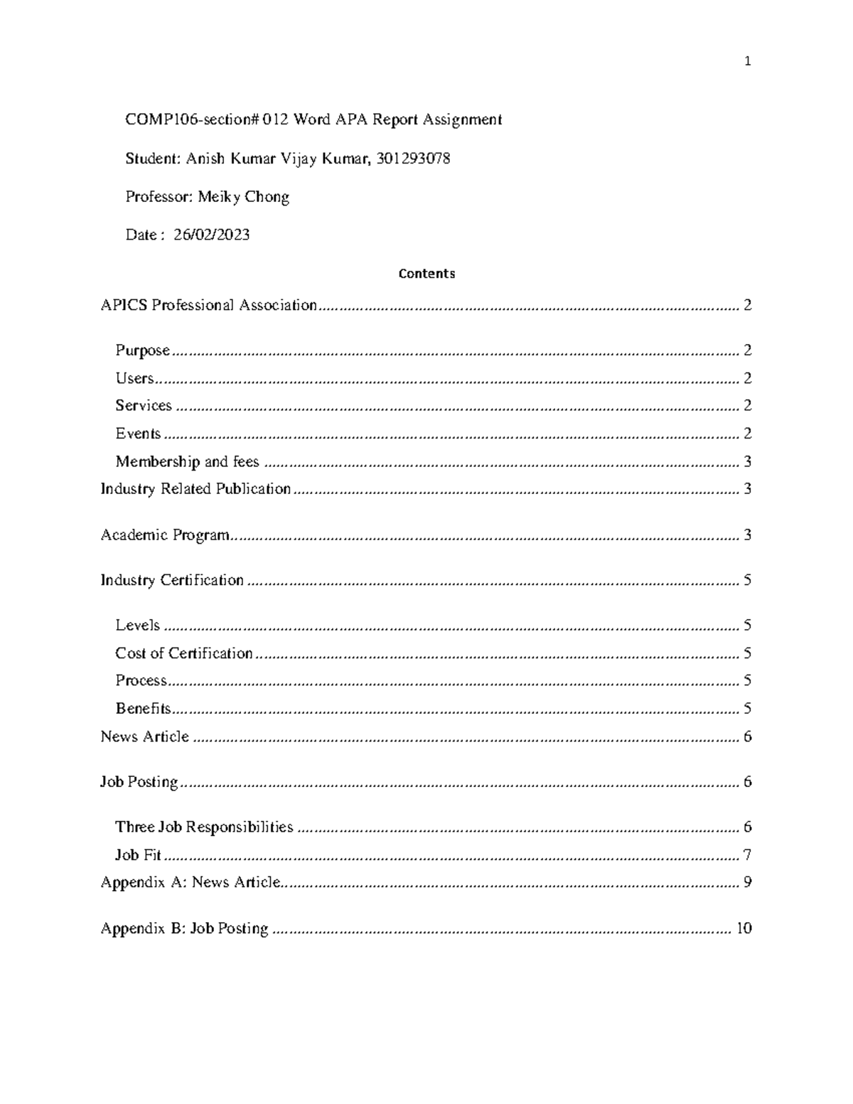 COMP106 Word APA Report Anish - COMP106-section# 012 Word APA Report ...