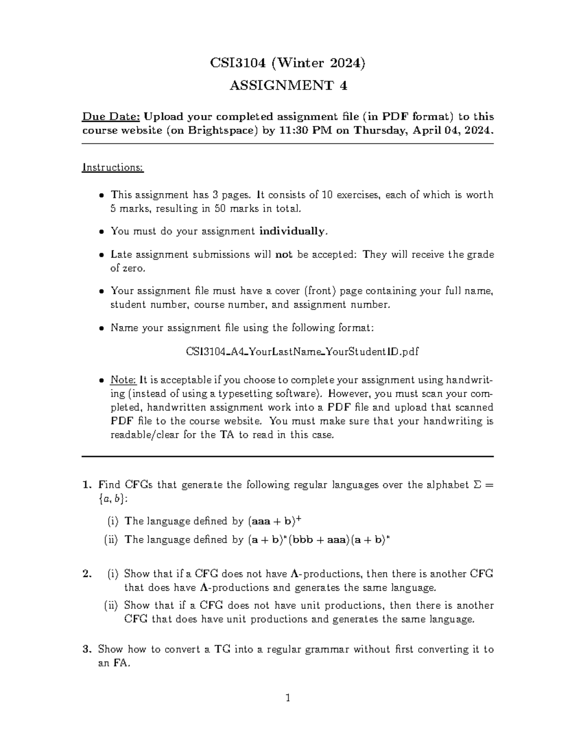 CSI3104 A4 - Assignment 4 - CSI3104 (Winter 2024) ASSIGNMENT 4 Due Date: Upload your completed ...
