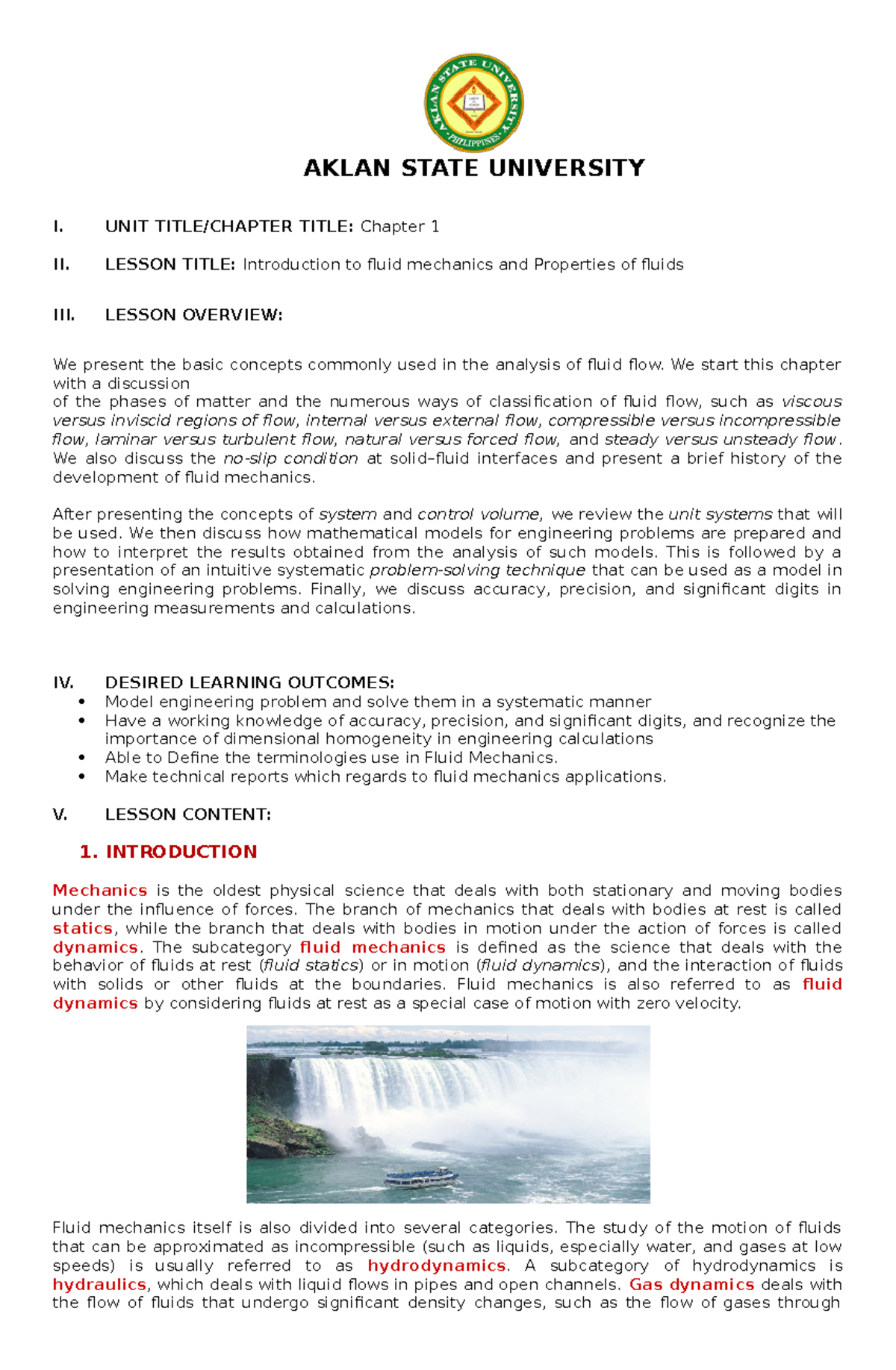 Fluid Mechanics(Introduction to fluid mechanics and Properties of fluids ) - AKLAN STATE ...