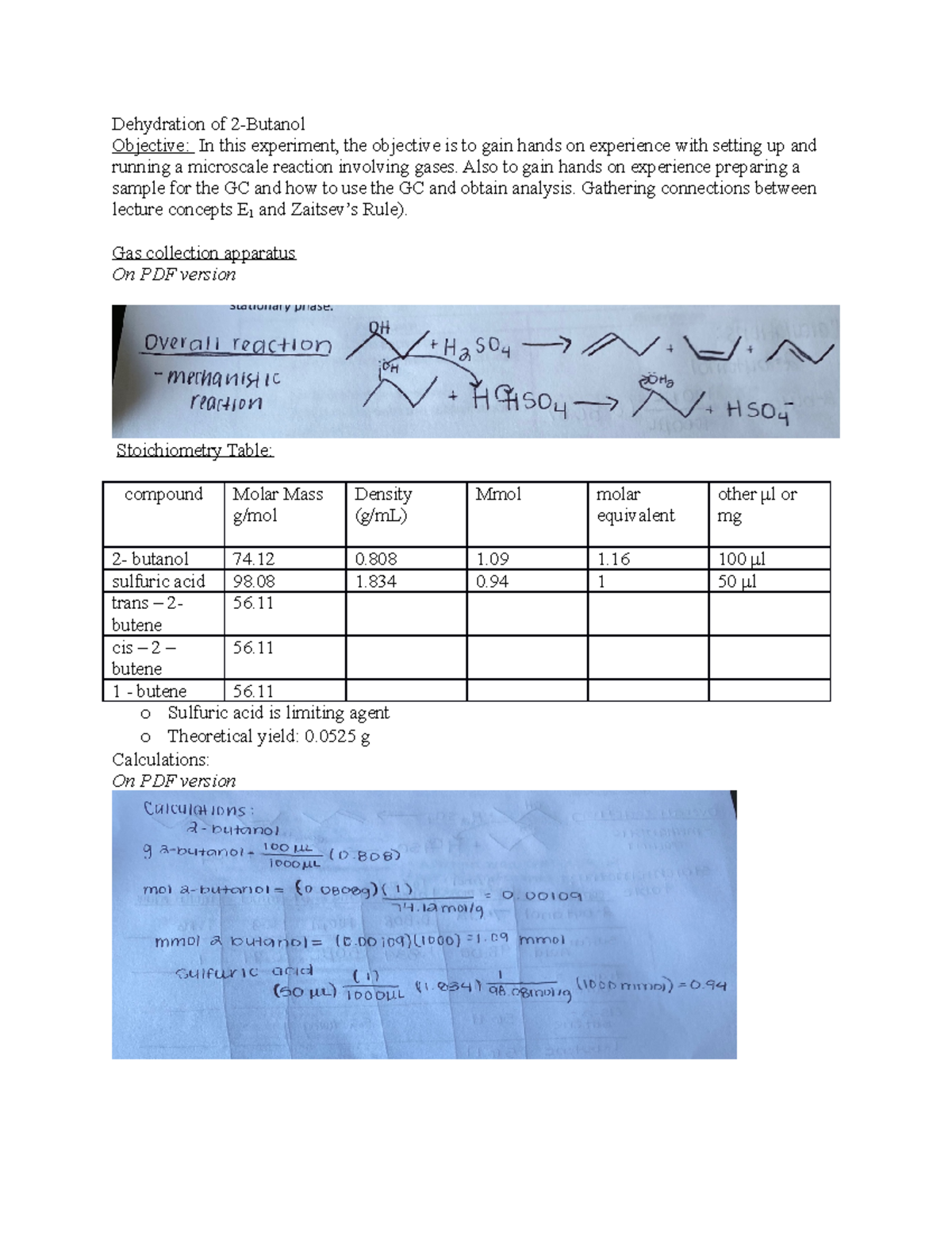 Dehydration of 2 - Also to gain hands on experience preparing a sample ...