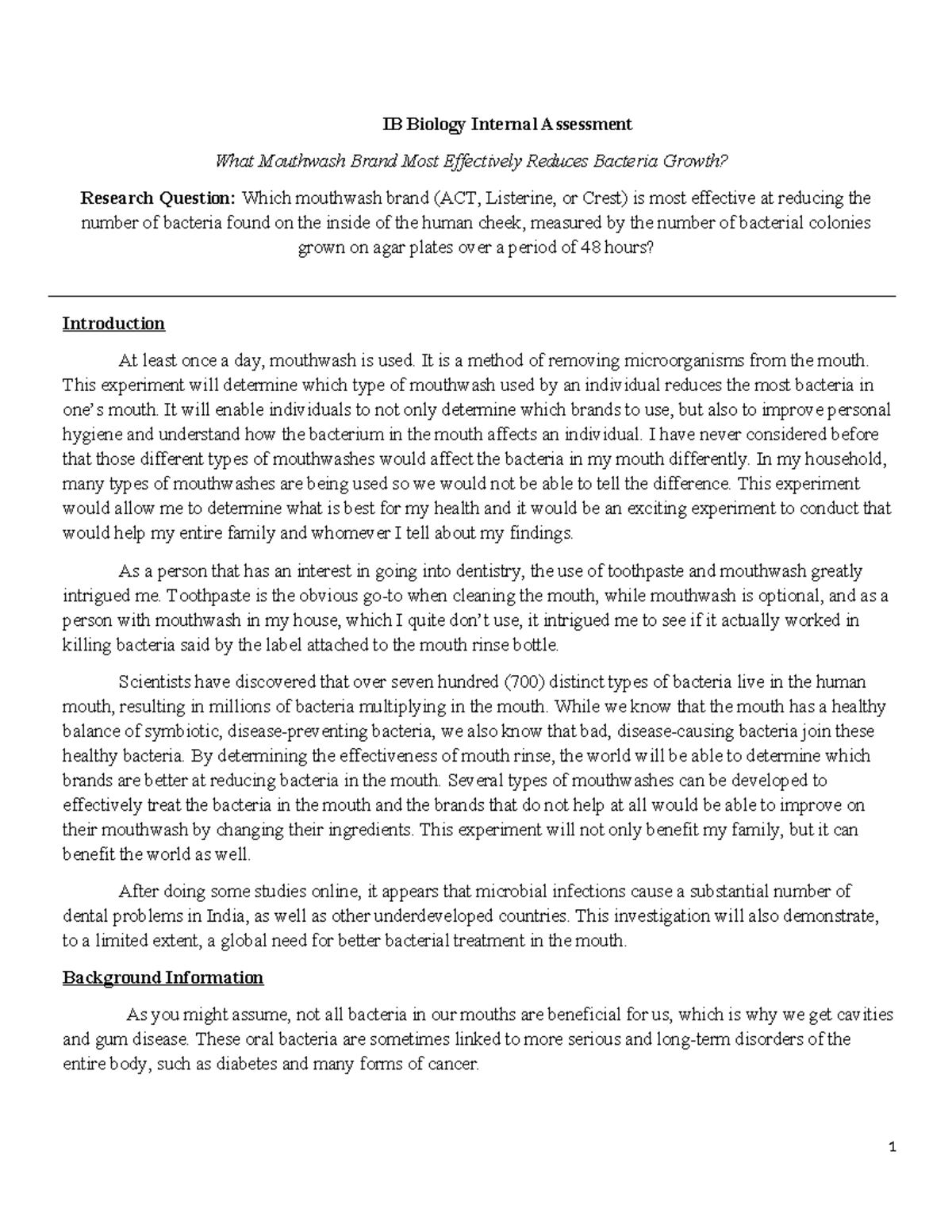 Biology IA Final Draft - BIOL IA - IB Biology Internal Assessment What Mouthwash Brand Most ...