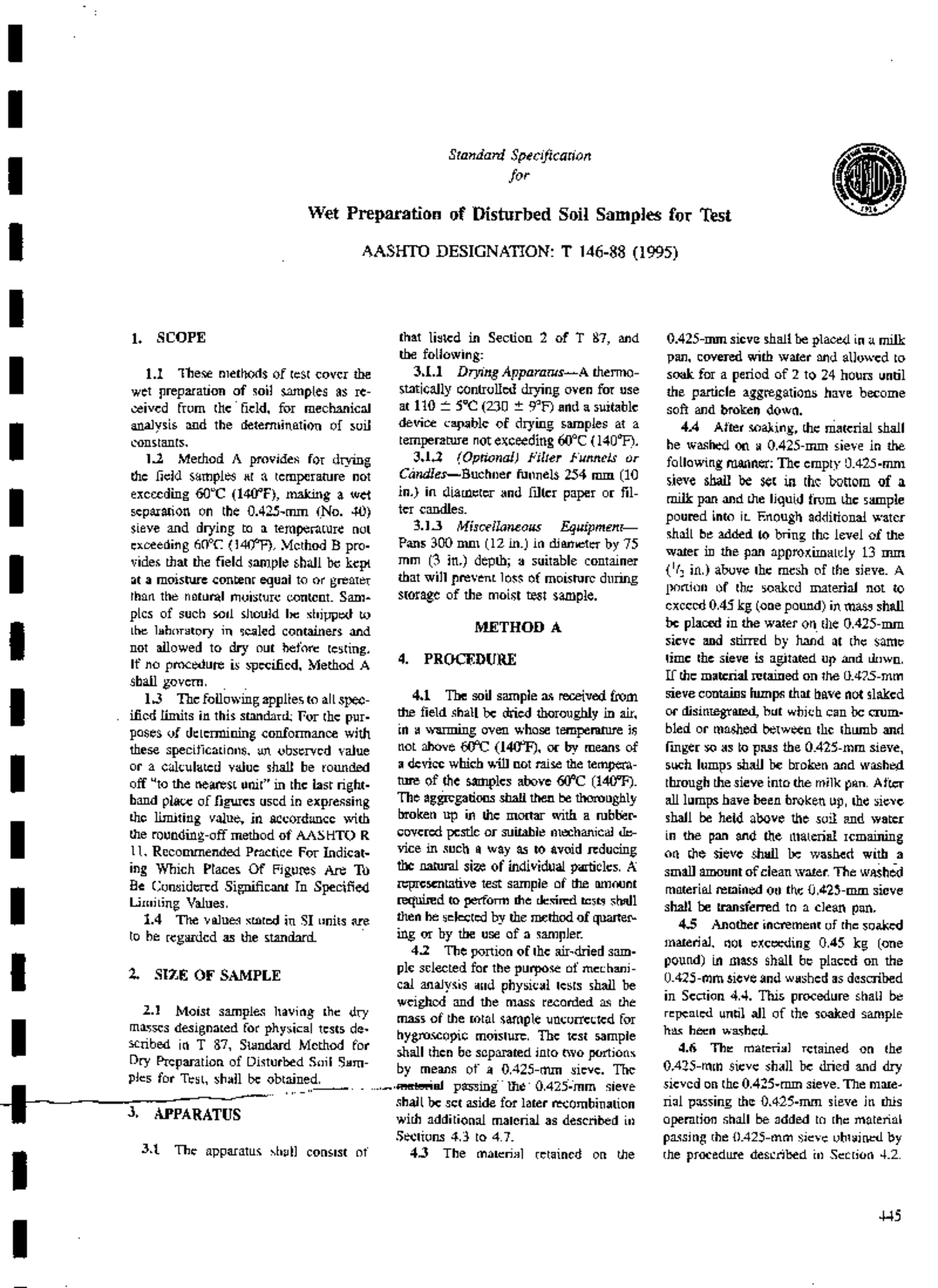 T 146-88 (1995) Wet Preparation of Disturbed Soil Sample - Geotechnical ...