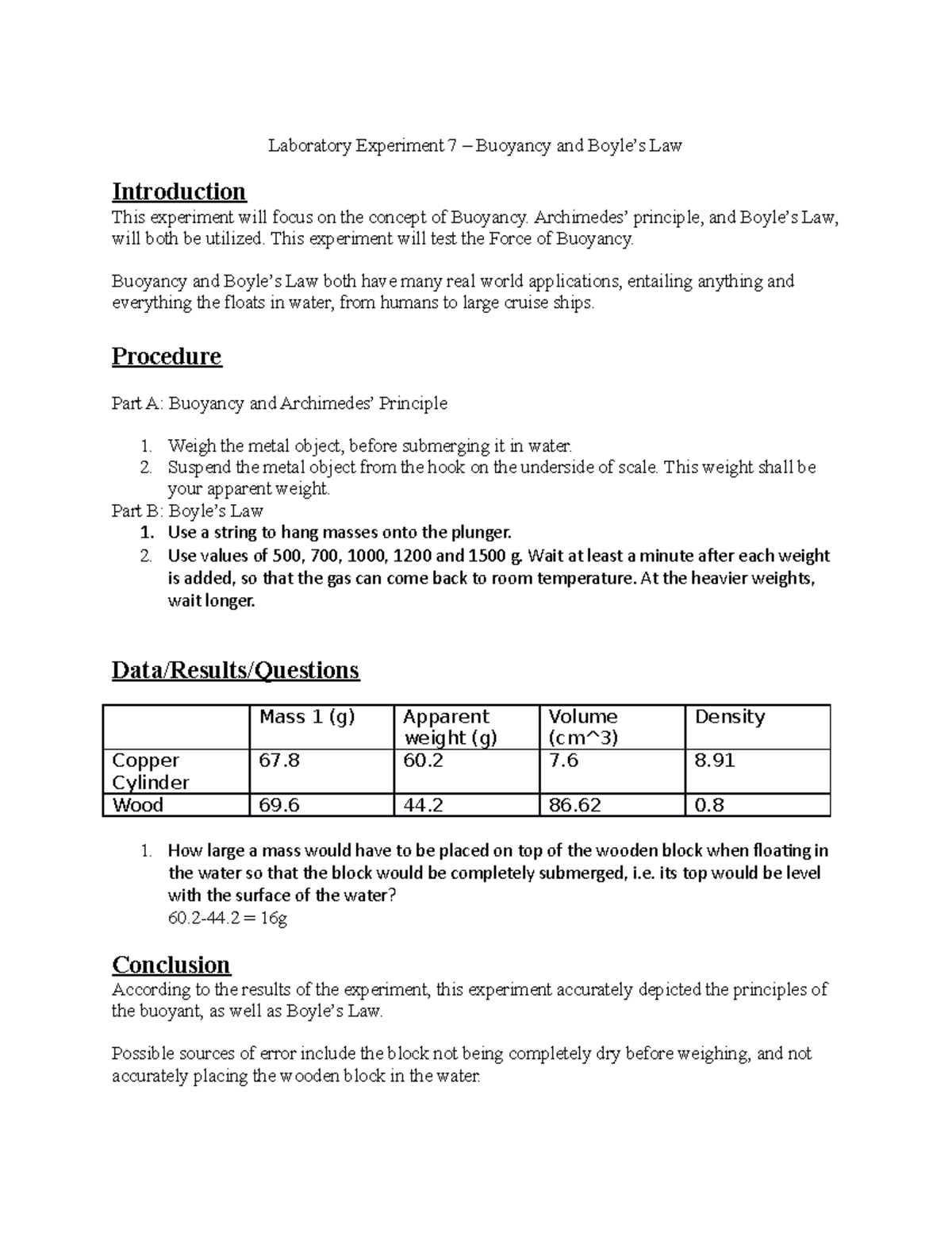 Lab Report 7 - Laboratory Experiment 7 – Buoyancy and Boyle’s Law ...
