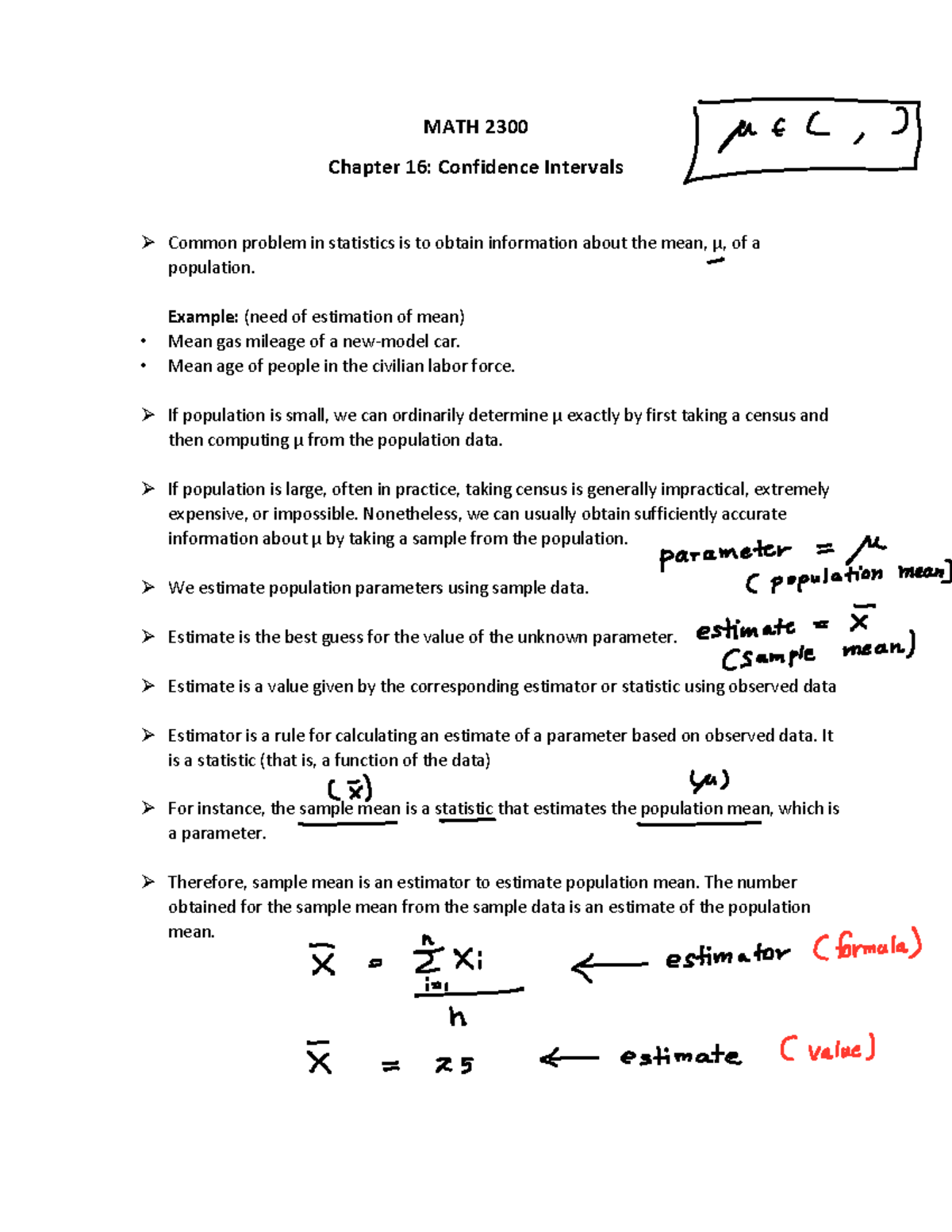 Chapter 16 (Complete Note) - MATH 2300 Chapter 16: Confidence Intervals ...