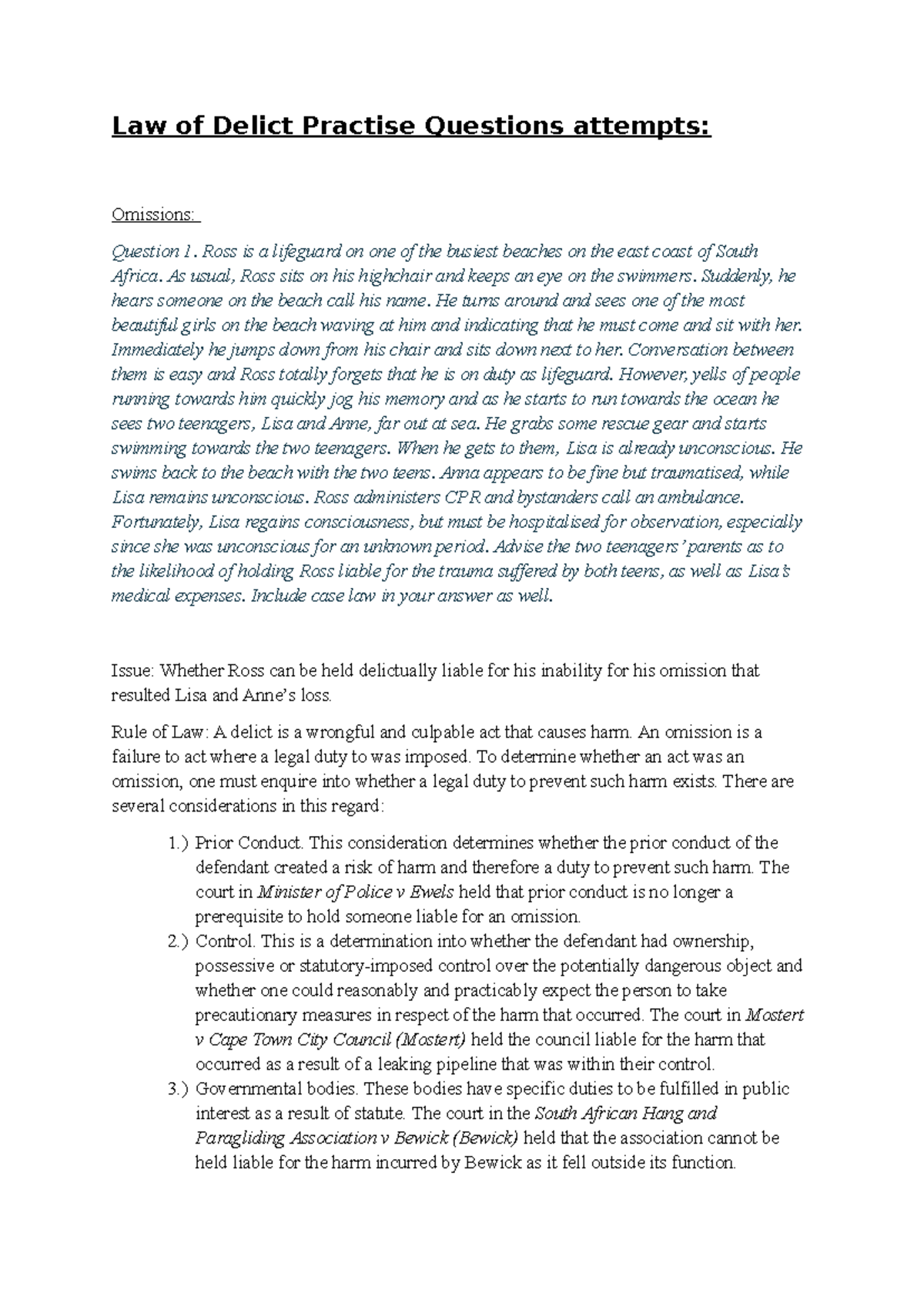 Law of Delict Semester 2 test1 - Law of Delict Practise Questions ...