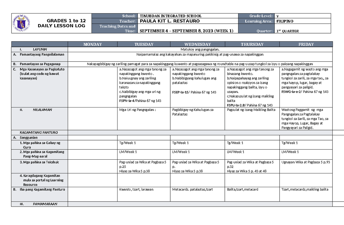 DLL Filipino 5 Q1 W1 - Daily Lesson Log Sample - GRADES 1 to 12 DAILY LESSON LOG School ...