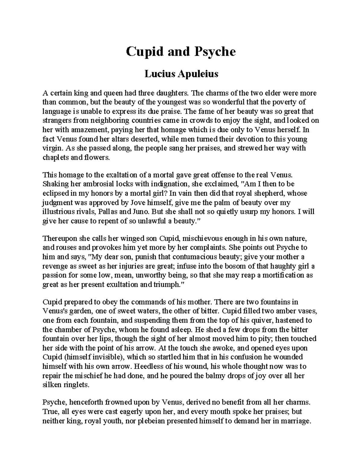 Cupid and Psyche story - storu - Cupid and Psyche Lucius Apuleius A ...