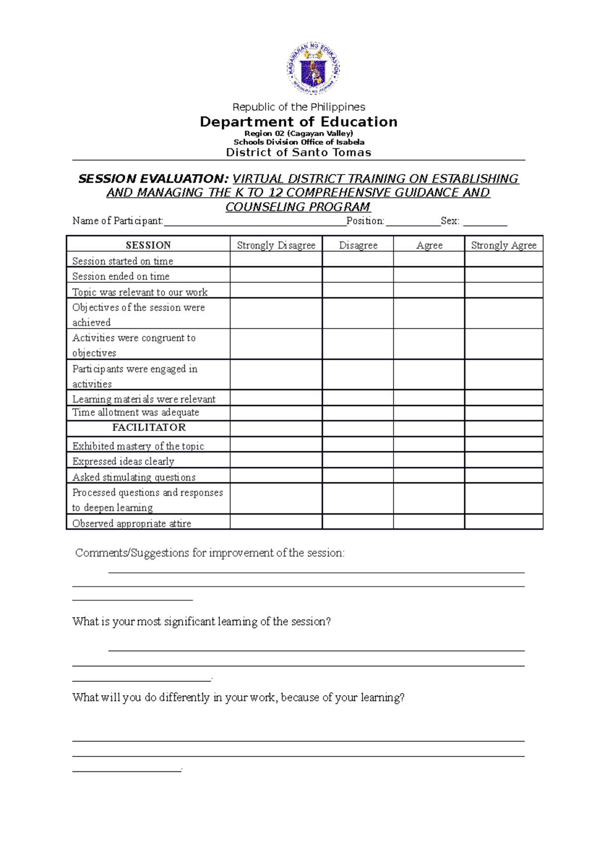 Evaluation Tool - Republic of the Philippines Department of Education ...