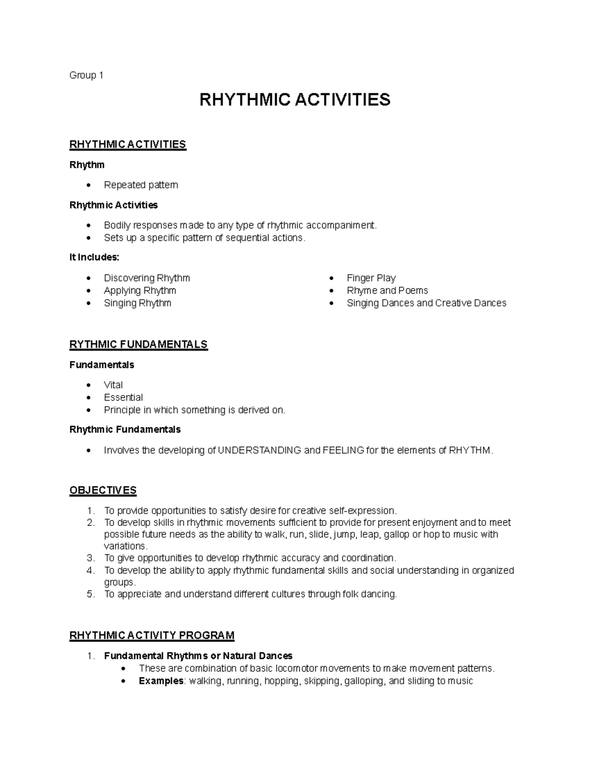 Pe notes mt - Group 1 RHYTHMIC ACTIVITIES RHYTHMIC ACTIVITIES Rhythm ...