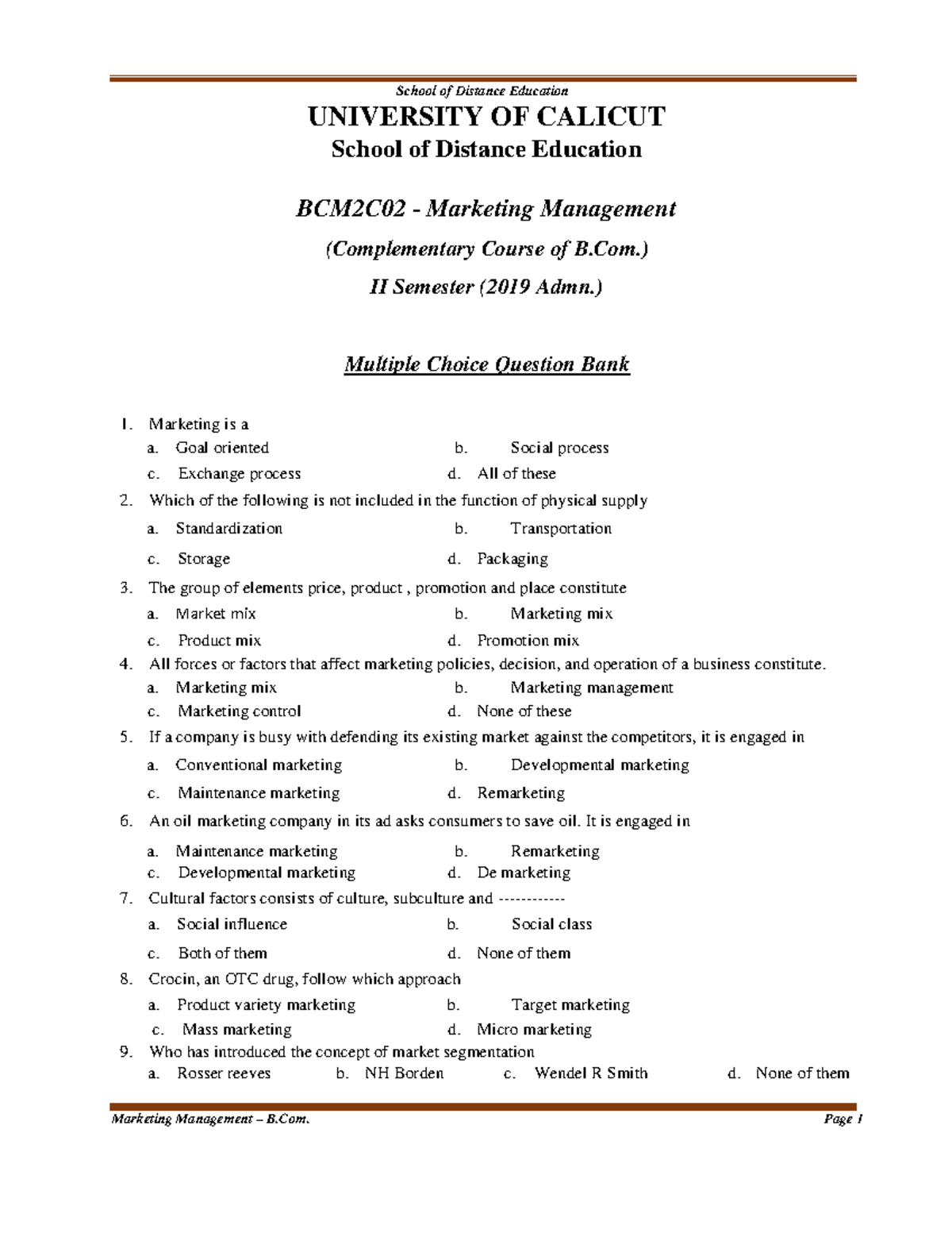 MCQ-II Sem Marketing Management B.Com 2019 Admn 2 - UNIVERSITY OF ...