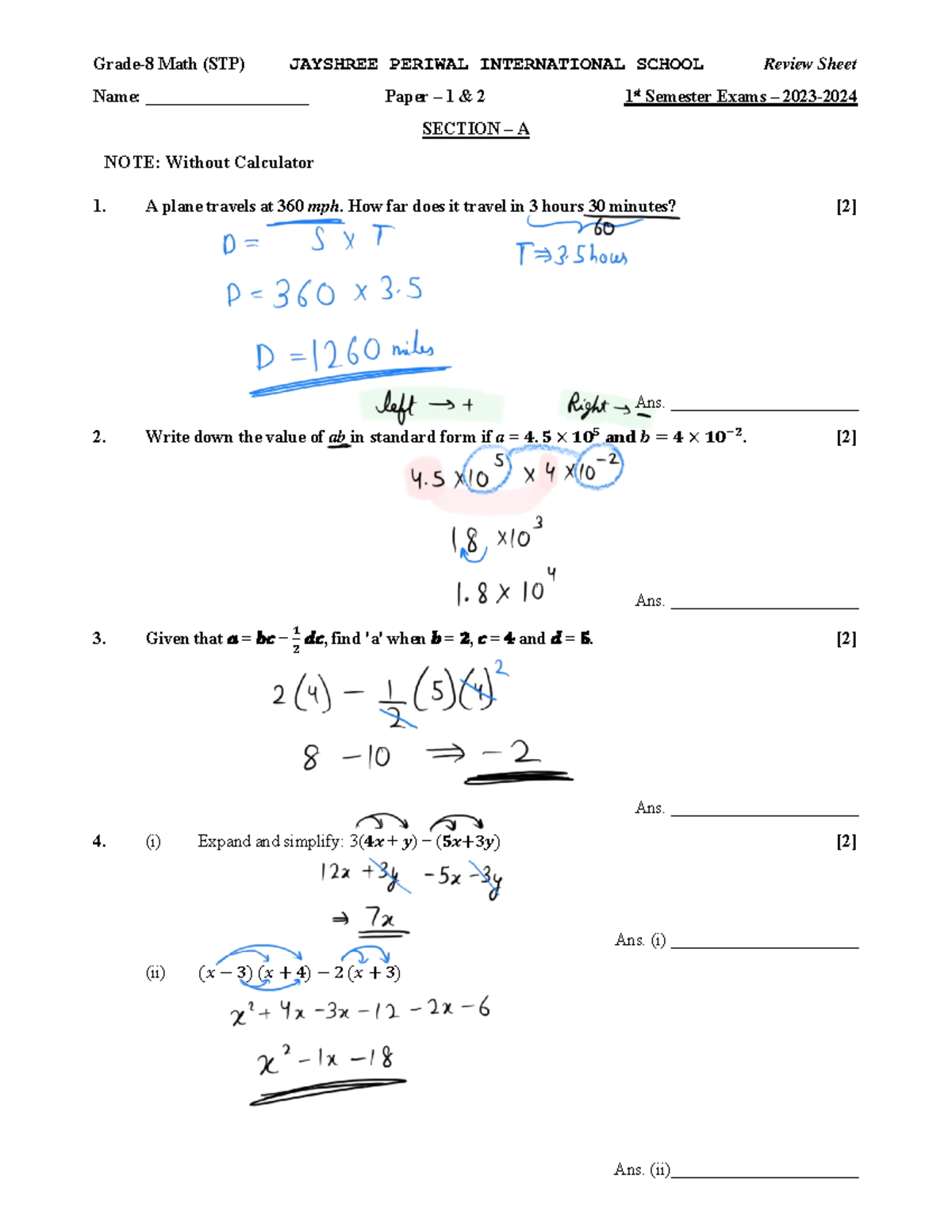 Math (STP) - (Paper 1 & 2 ) Review sheet - Final 3 - Grade-8 Math (STP ...