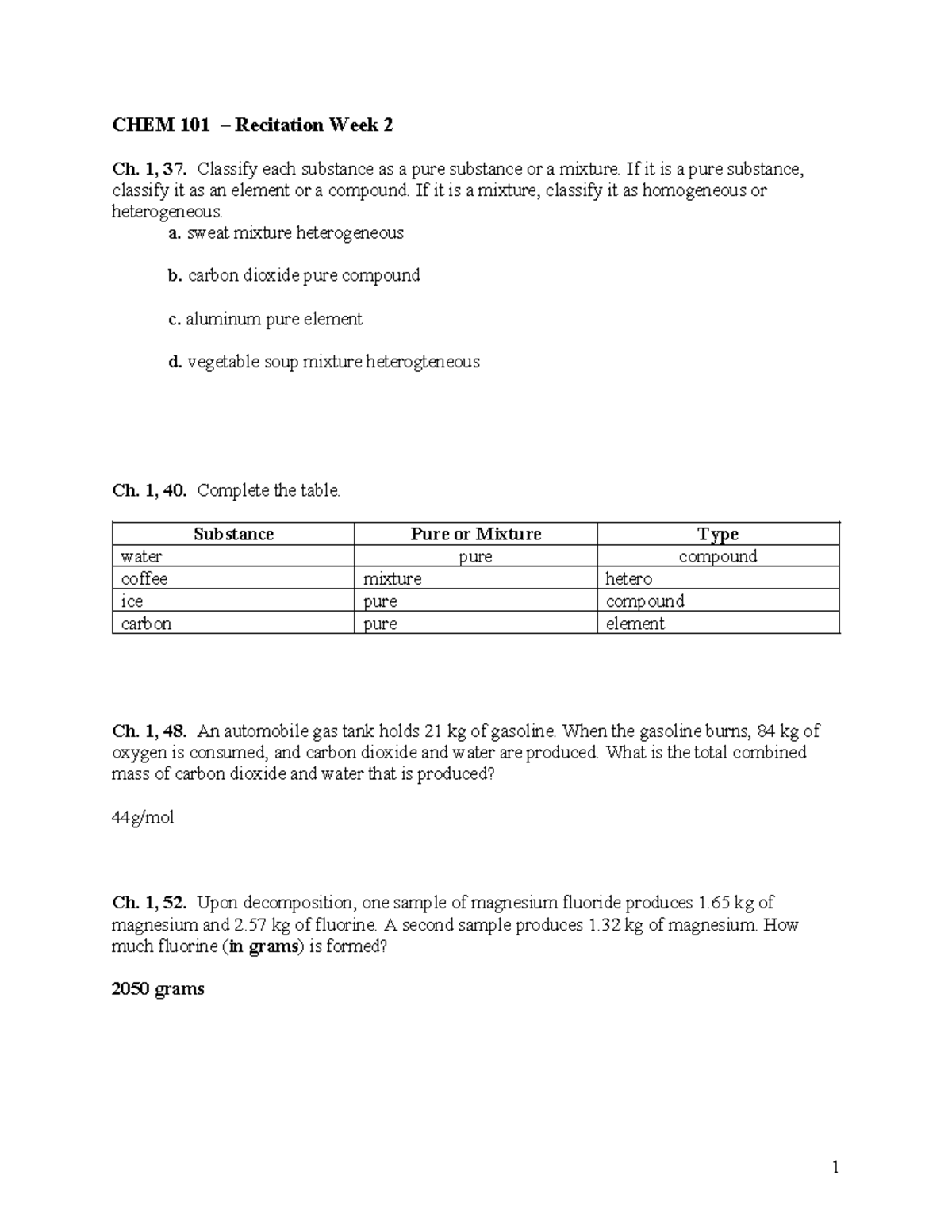CHEM 101 Recitation Week 2 Final - CHEM 101 – Recitation Week 2 Ch. 1 ...
