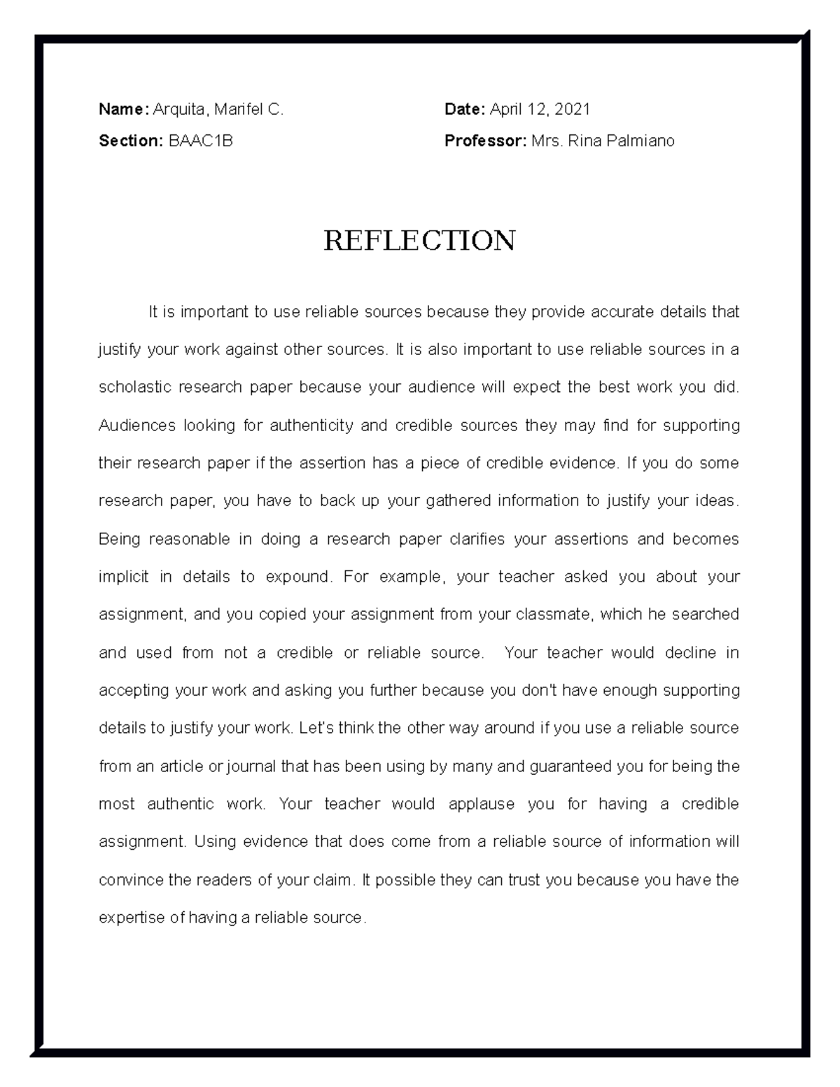 This is my Reflection and Assignment. Hope this will help you! - Name ...