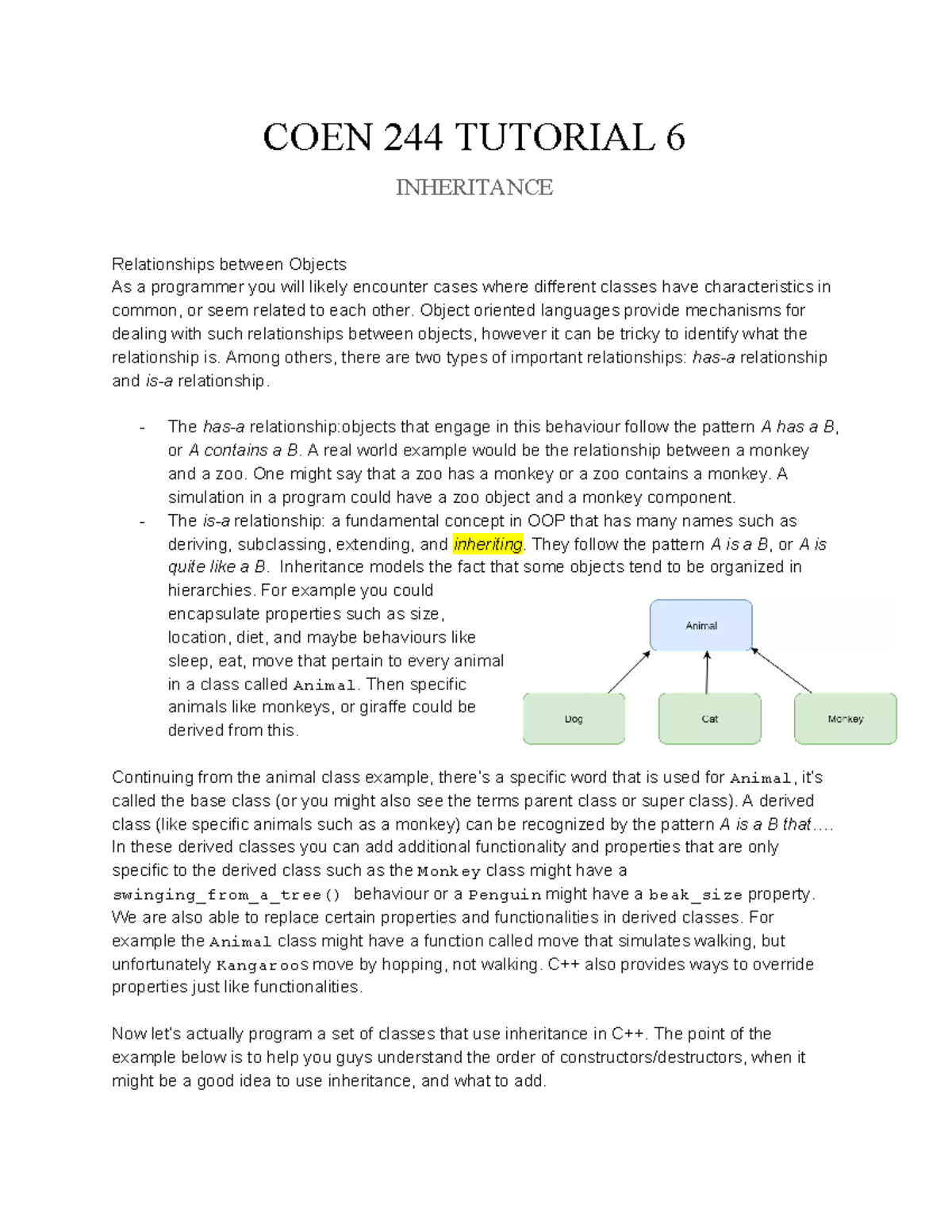 Tutorial 6 - coen 244 - COEN 244 TUTORIAL 6 INHERITANCE Relationships between Objects As a - Studocu