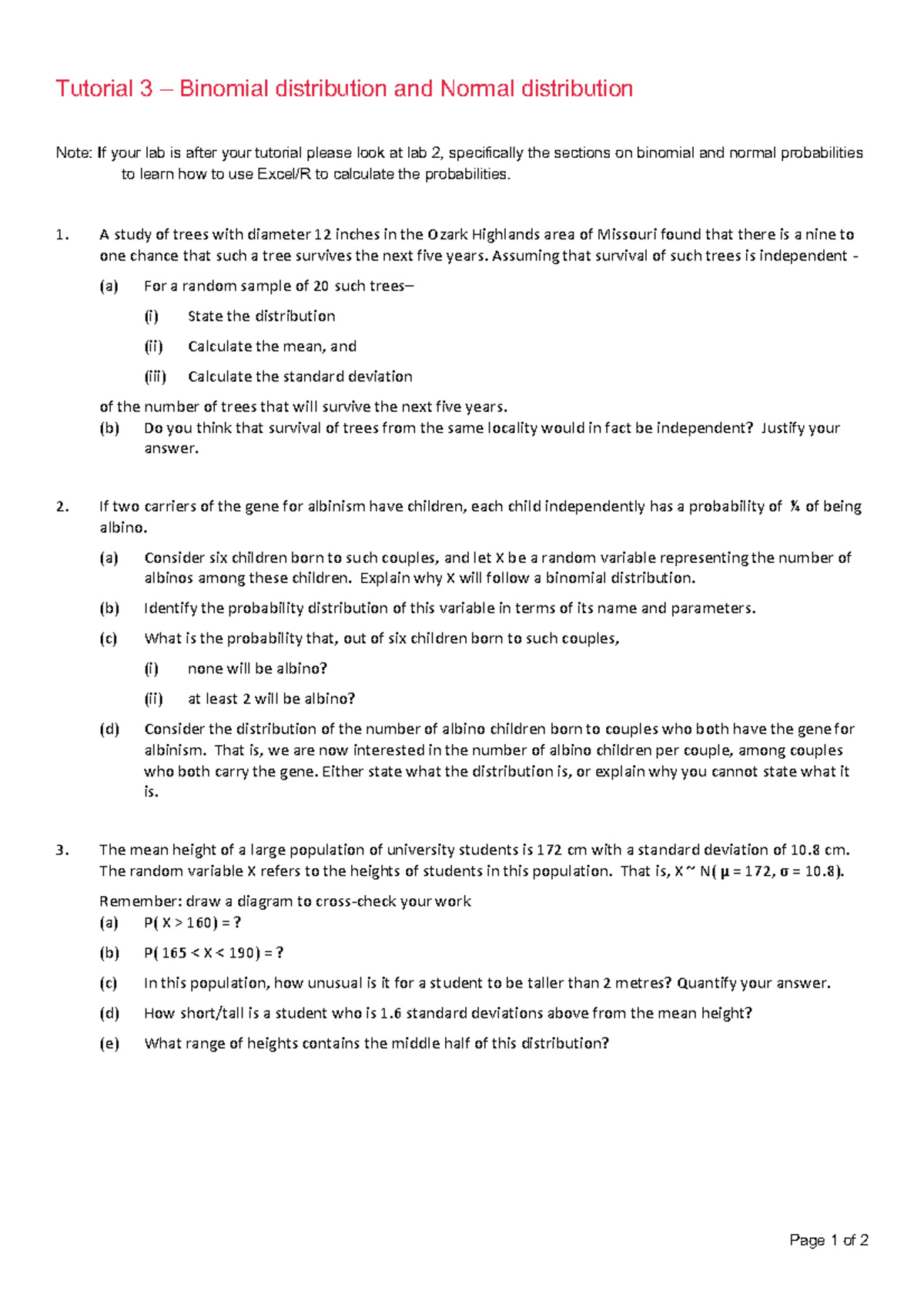 Tutorial 3 - TUT 3 - Page 1 of 2 Tutorial 3 – Binomial distribution and Normal distribution Note ...