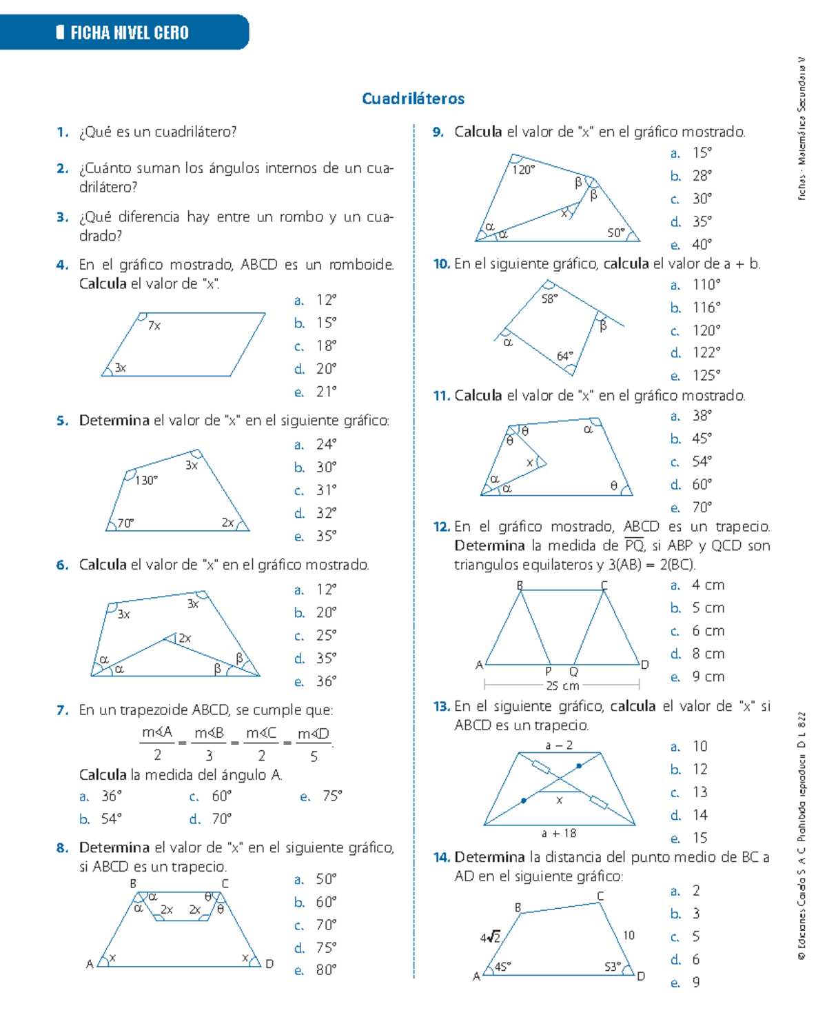 F0 Cuadriláteros - FICHA NIVEL CERO Fichas - Matemática Secundaria V © Ediciones Corefo S. A. C ...