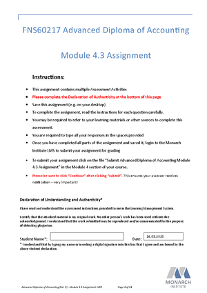 Assignment 4 part 1 - FNS60217 Advanced Diploma of Accounting Module 4 ...