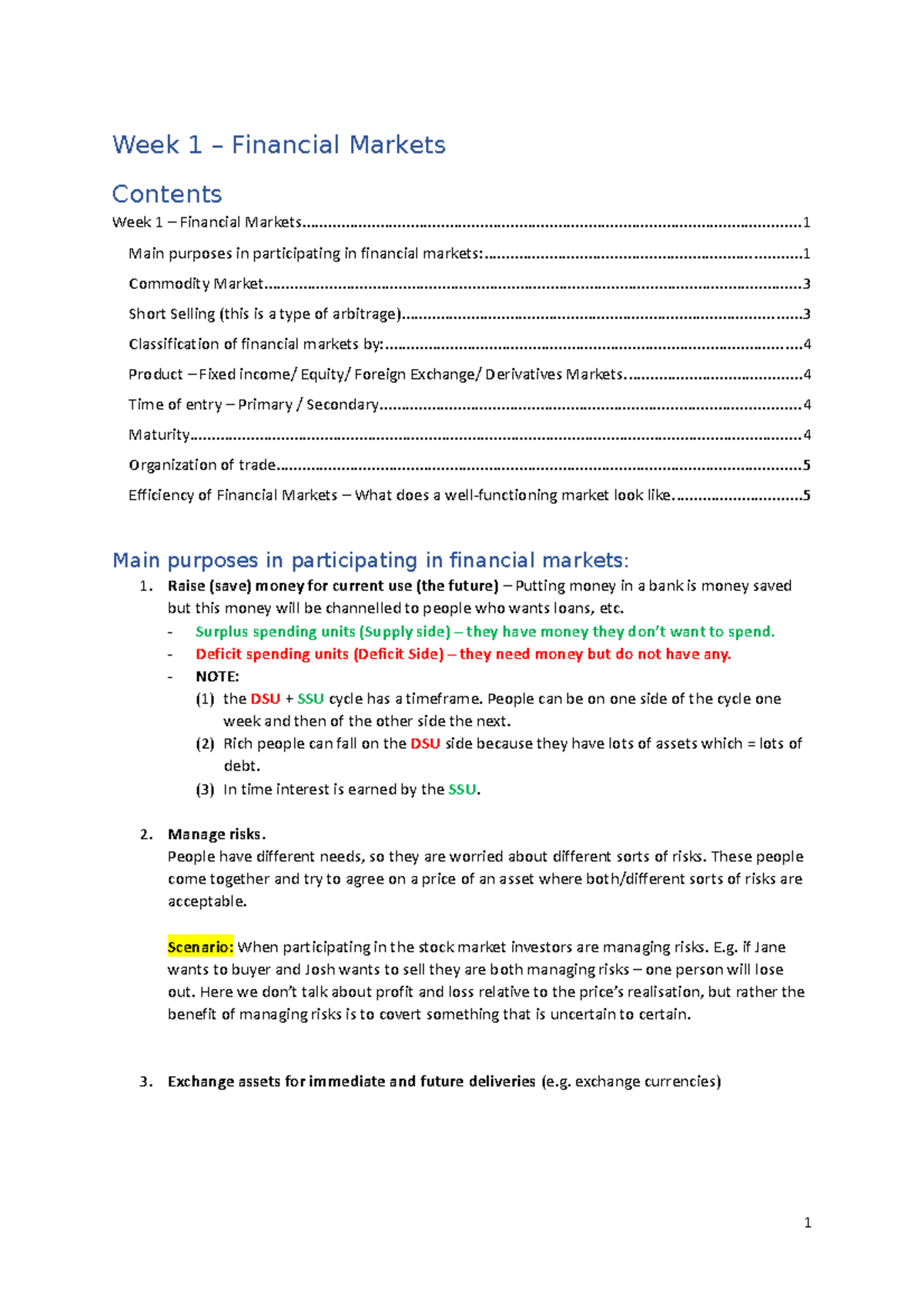 Notes for W1-5 - ..... - Week 1 – Financial Markets Contents Week 1 ...