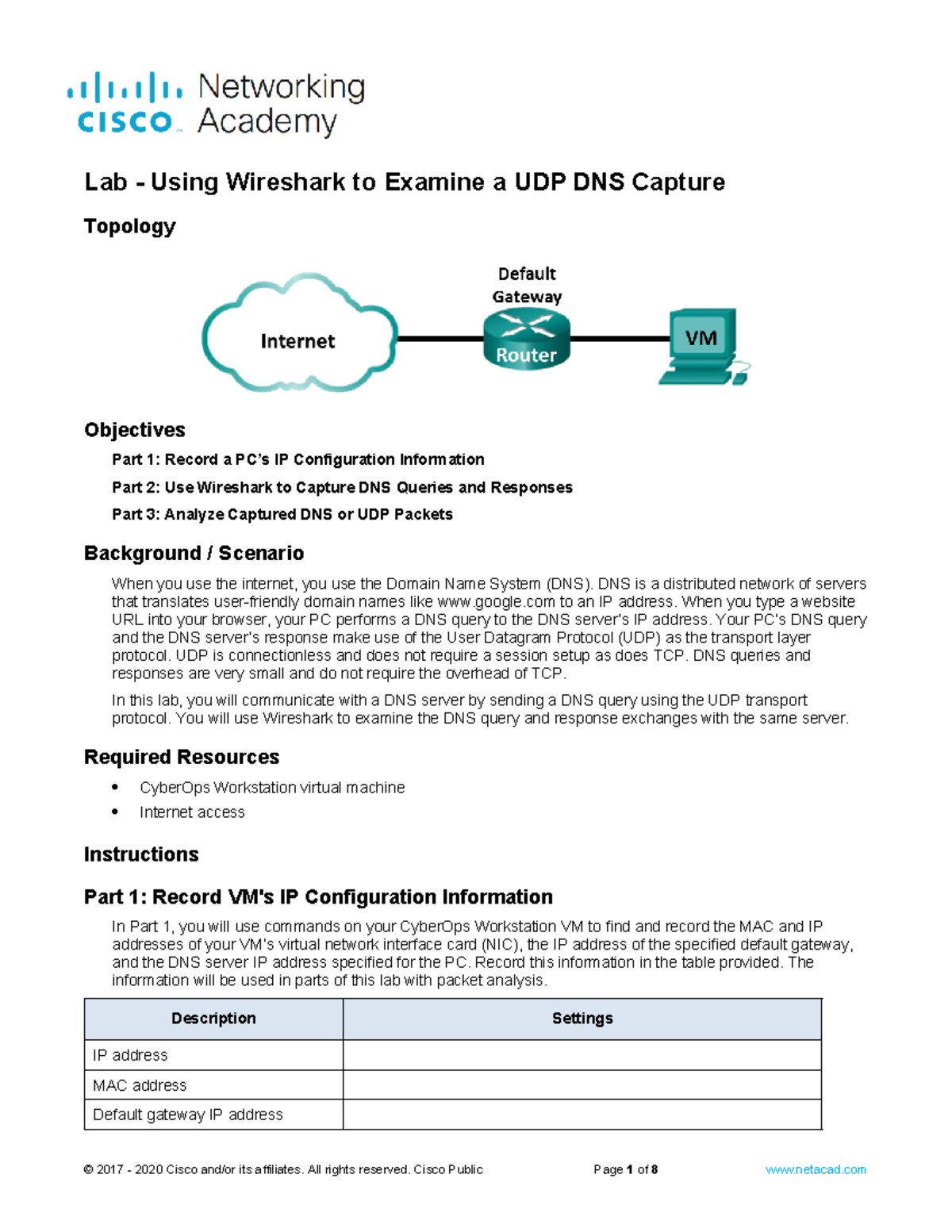 10 2 7 Lab Using Wireshark To Examine A Udp Dns Capture Topology Objectives Part 1 Record A