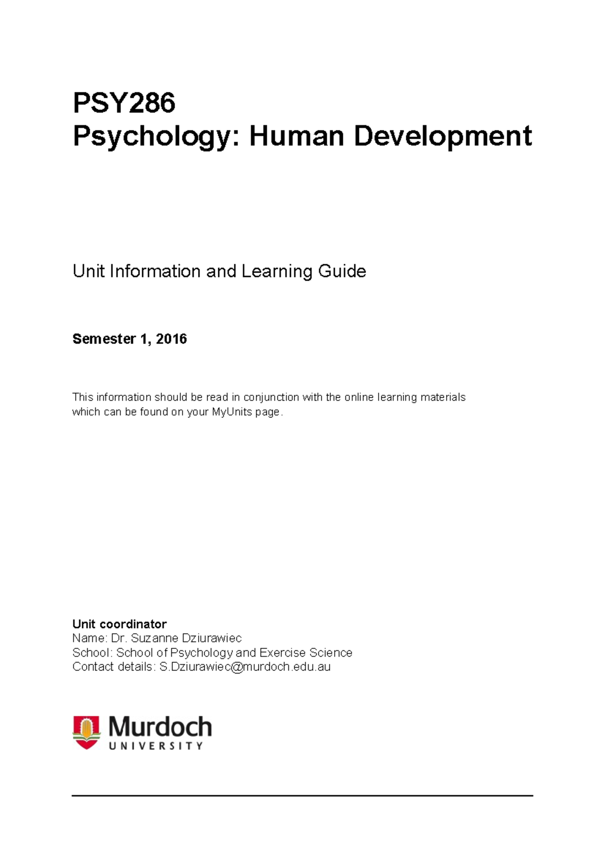 PSY286 Unit Information Learning Guide - PSY Psychology: Human ...
