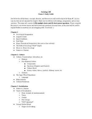 Sociology 100 Final Exam Study Guide Sociology 100 Exam I Study