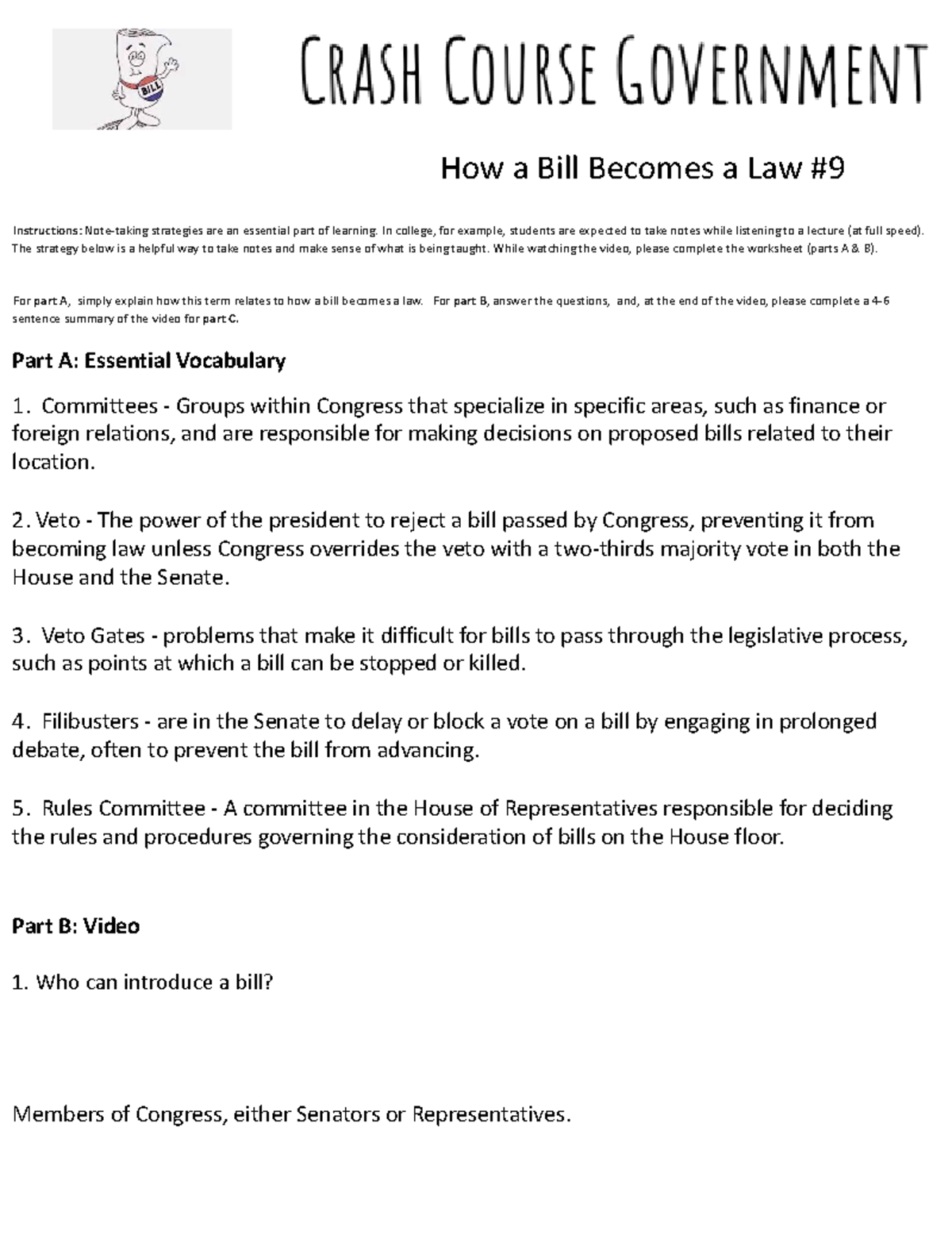 Civics - Assignment - How a Bill Becomes a Law Instructions: Note ...