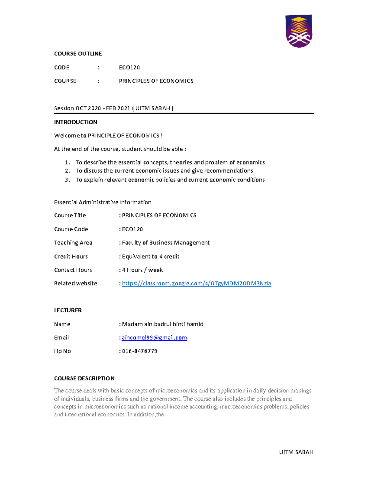 Course Outline ECO 120 - INTRODUCTION OF THE PRINCIPLES OF ECONOMIC ...