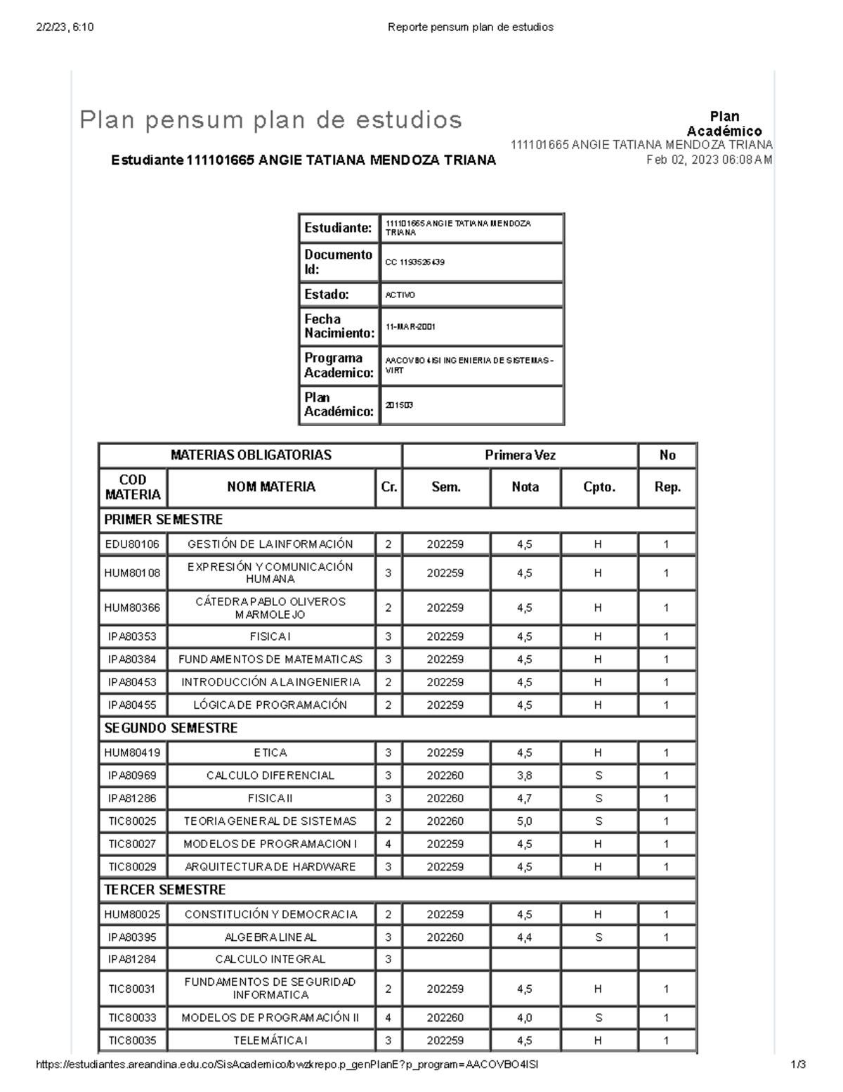 Reporte pensum plan de estudios - 2/2/23, 6:10 Reporte pensum plan de estudios - Studocu
