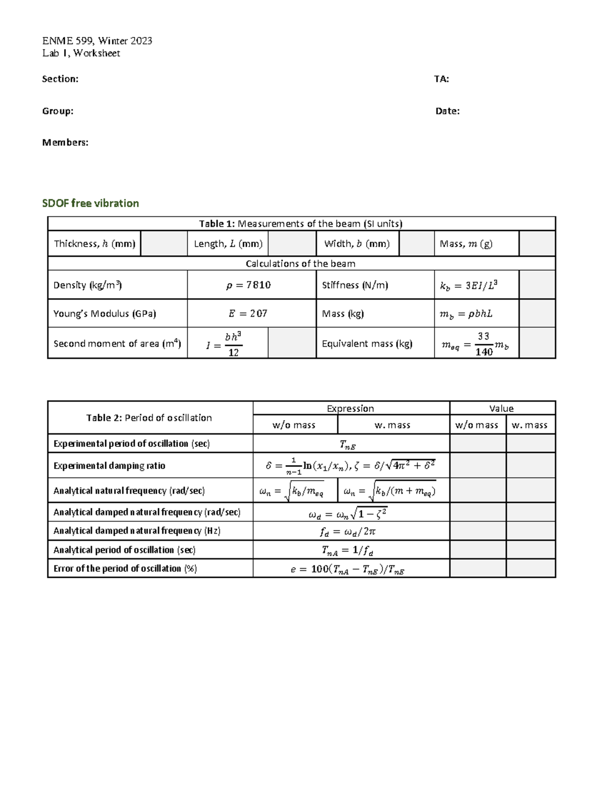 Lab 1 Worksheet - Lab - ENME 599, Winter 2023 Lab 1 , Worksheet Section: TA: Group: Date ...