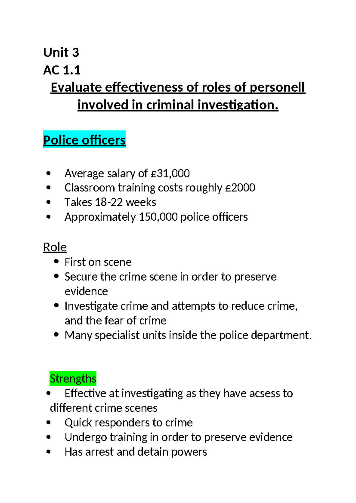 Police officers - Unit 3 AC 1. Evaluate effectiveness of roles of ...
