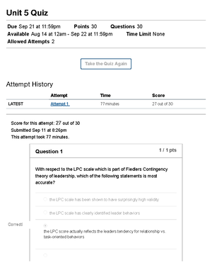 Unit 4 Quiz: Organizational Behavior - MGT202 1006 - Unit 4 Quiz Due Sep 12 at 11:59pm Points 30 ...