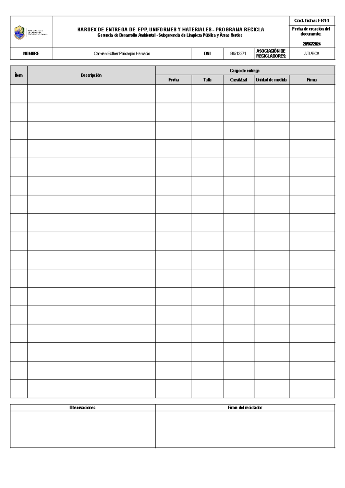 Kardex DE Entrega - CE - Logistica - KARDEX DE ENTREGA DE EPP ...