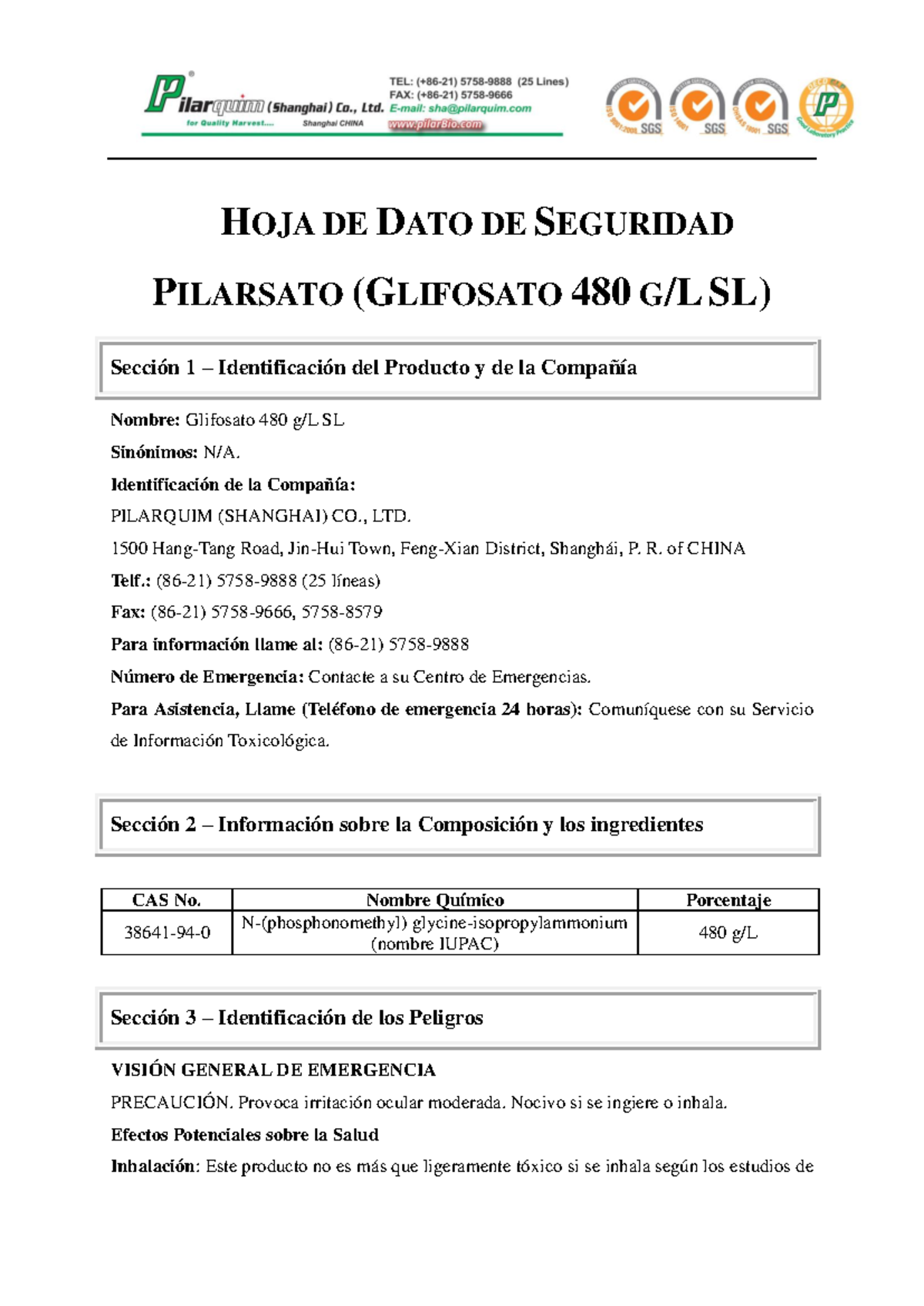 3. Pilarquim MSDS for Glyphosate 480 g L SL (Spanish) - HOJA DE DATO DE ...