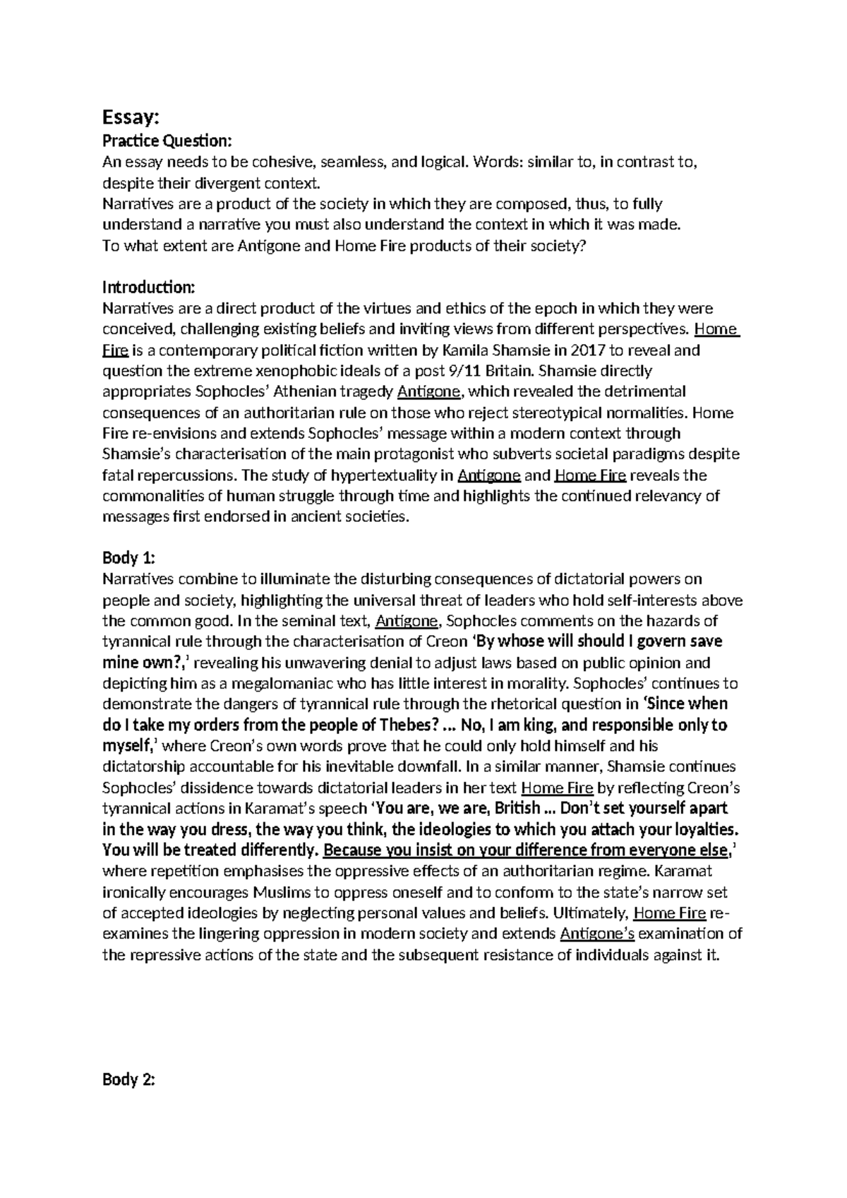 Antigone and Home Fire Comparative essay - Essay: Practice Question: An ...