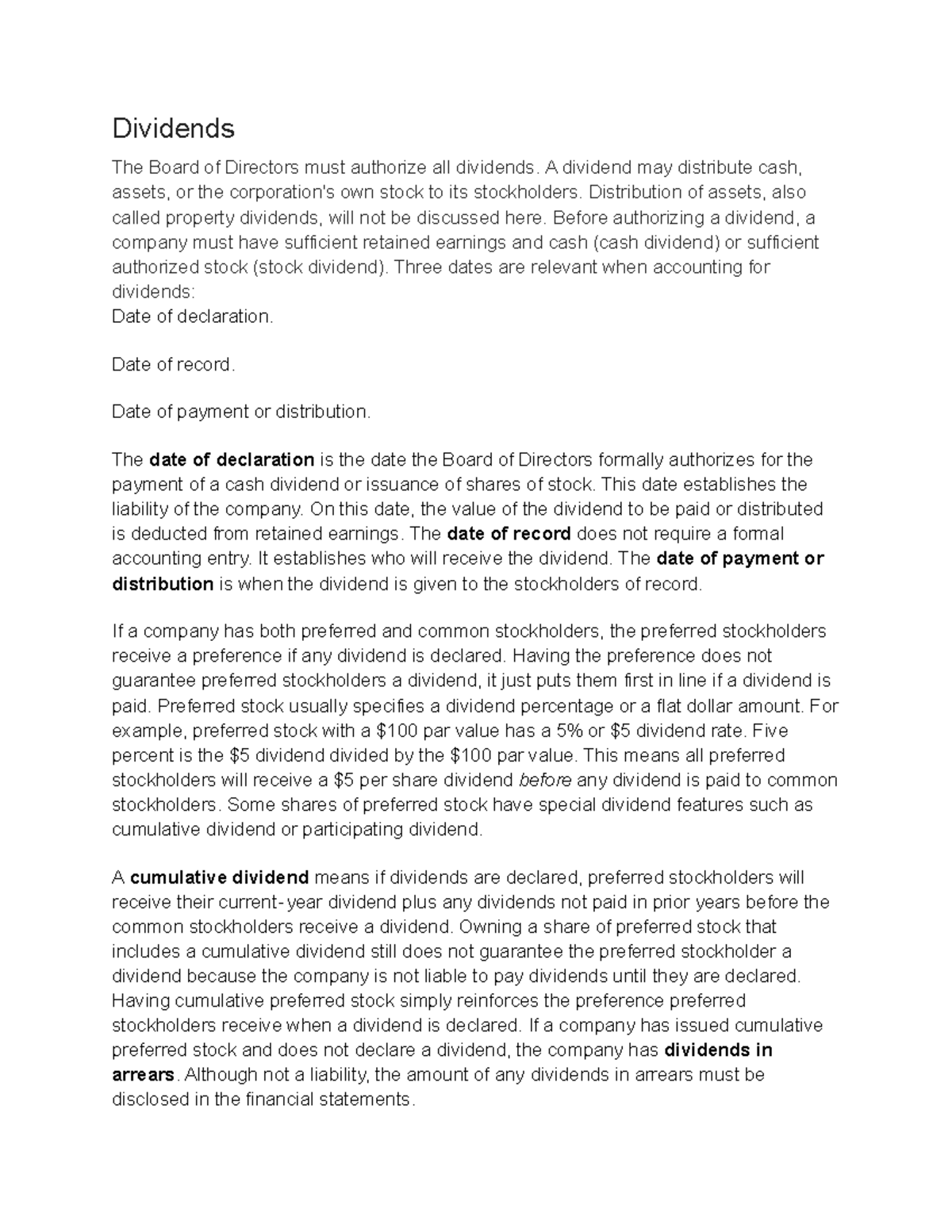 Dividends - Lecture notes 7 - Dividends The Board of Directors must ...