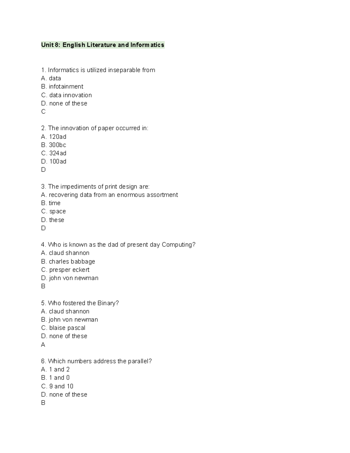 Unit 8 English Literature and Informatics - Unit 8: English Literature ...