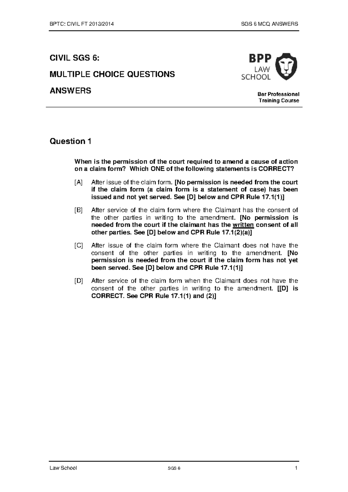 BPP SG 6 - MCQ - Q&As - BPTC: CIVIL FT 2013/2014 SGS 6 MCQ ANSWERS Law ...
