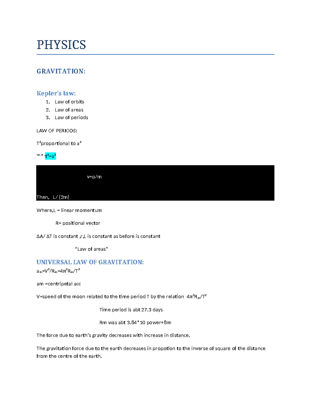 Physics Highlights - Copy - PHYSICS GRAVITATION: Kepler’s law: Law of ...