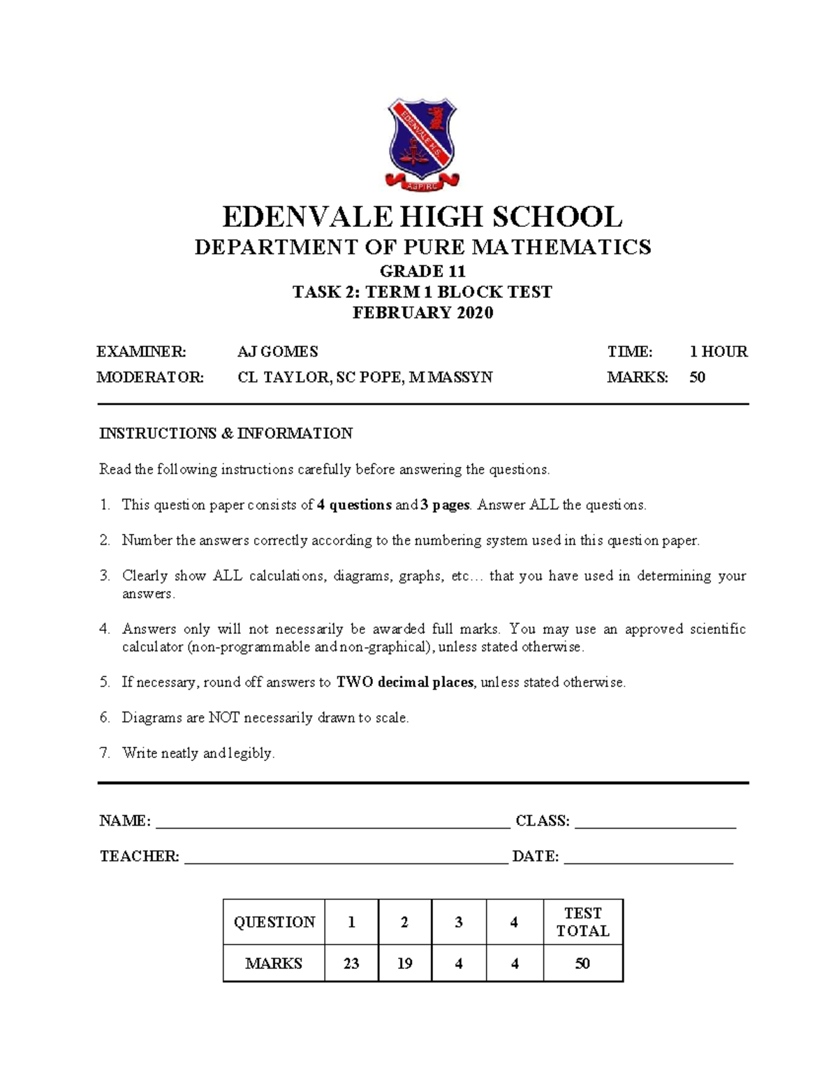 Gr11 Task 2 Block Test 2020 - EDENVALE HIGH SCHOOL DEPARTMENT OF PURE ...