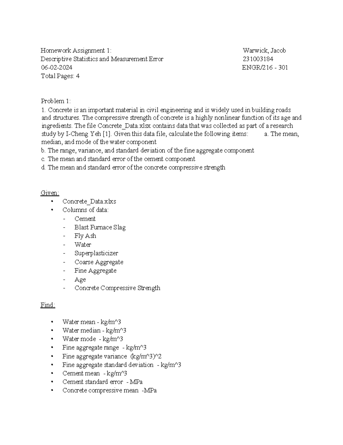 HW #1 - hw 1, easy - Homework Assignment 1: Warwick, Jacob Descriptive ...