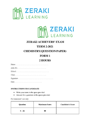 Chemistry - Chemistry Form 3 - Zeraki Achievers 2.0 - Question Paper - ZERAKI ACHIEVERS ...