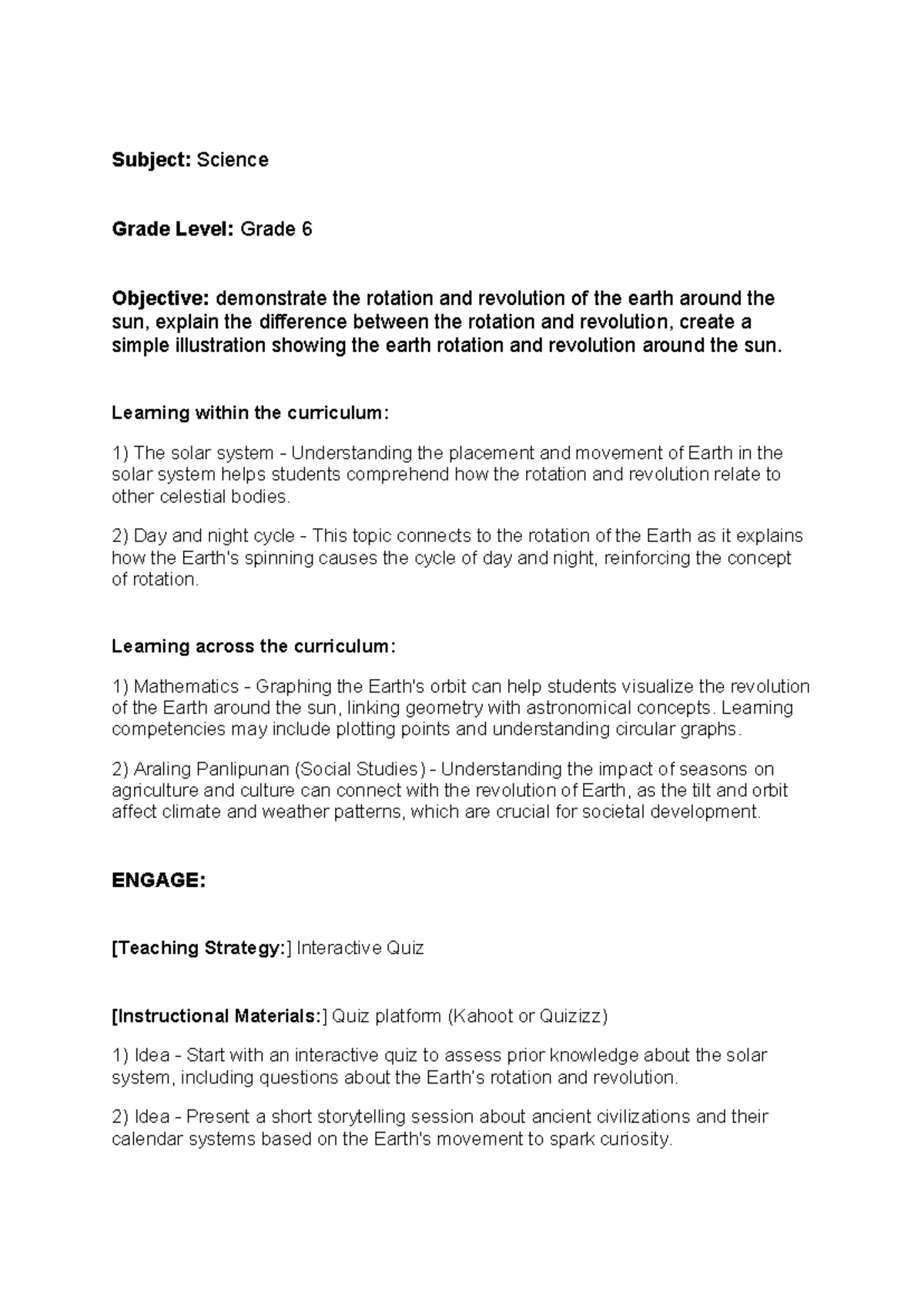 5E's Lesson Plan Guide - Subject: Science Grade Level: Grade 6 ...