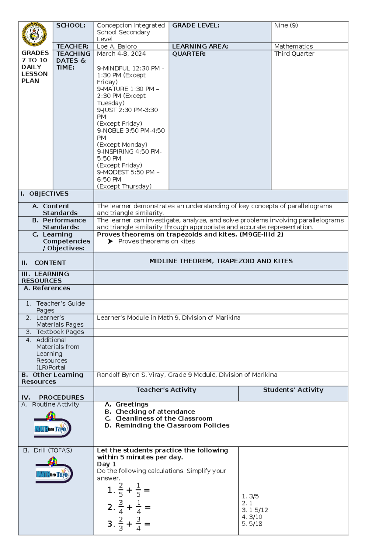 Q3 DLP March 4-8 - GRADES 7 TO 10 DAILY LESSON PLAN SCHOOL: Concepcion ...