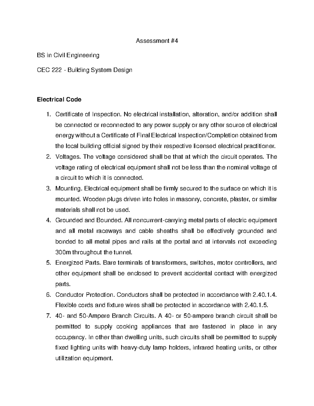 Electrical Code, Mechanical Code, Plumbing Code - Assessment # BS in ...