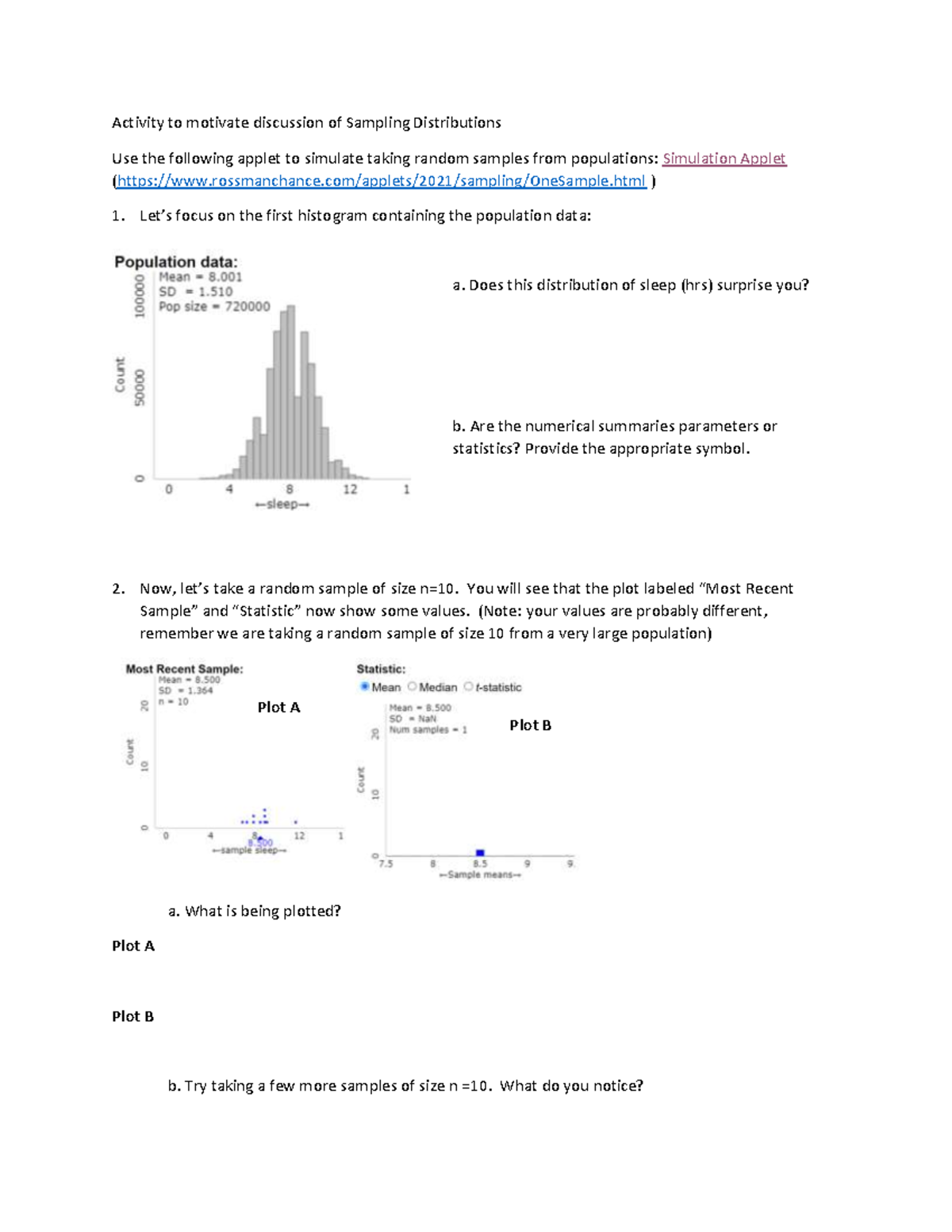 Sampling Distribution-Sleep Activity - Activity to motivate discussion ...